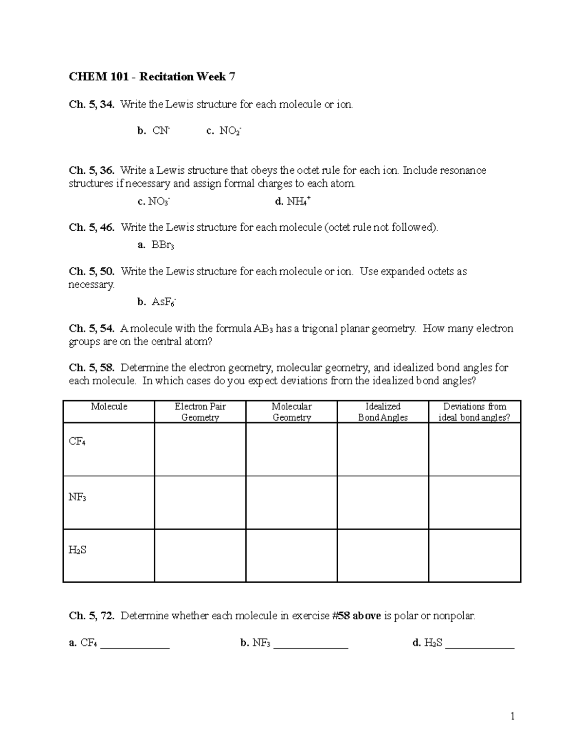 CHEM 101 Recitation Week 7 - CHEM 101 - Recitation Week 7 Ch. 5, 34 ...