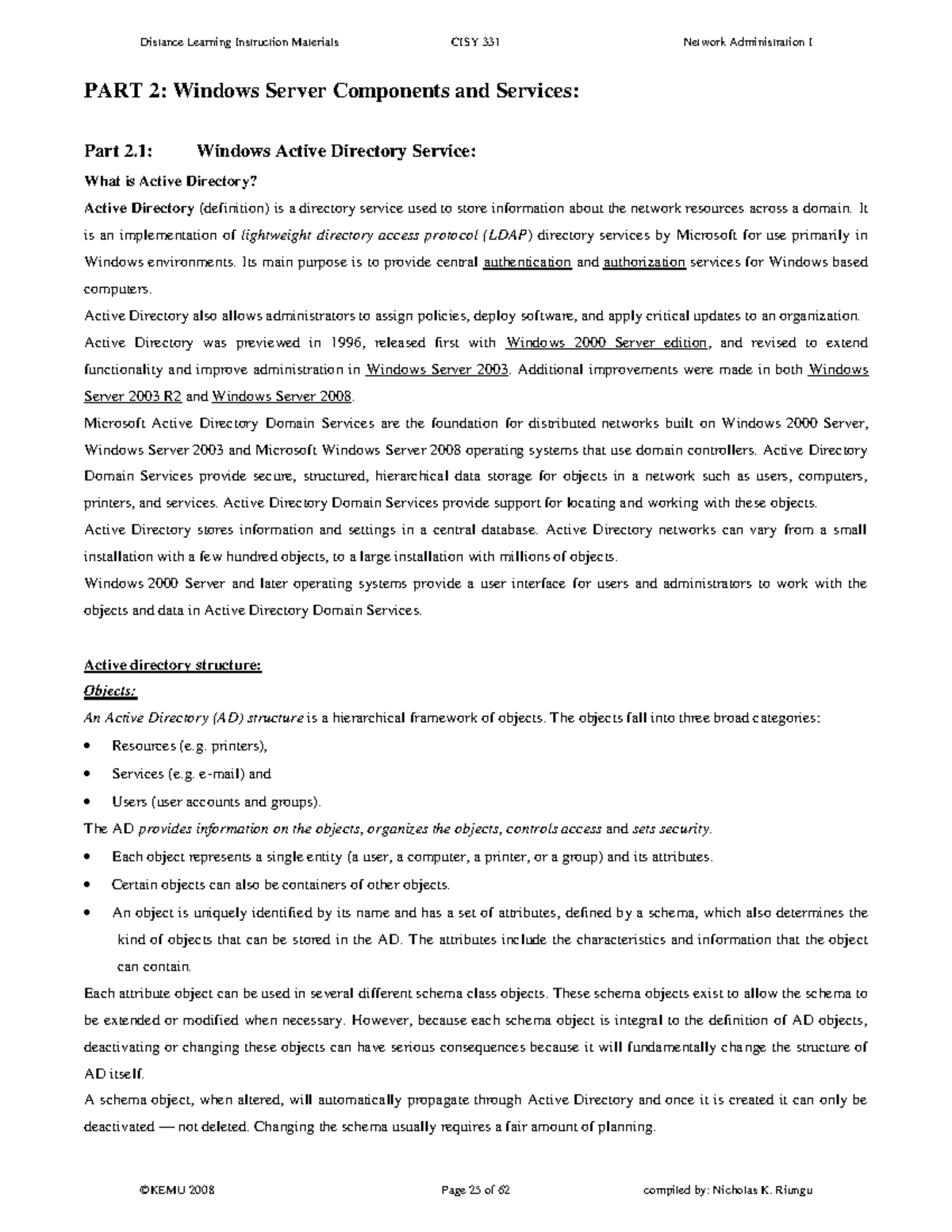 BBIT 445 CISY 331 Network Administration I Module 4 - PART 2: Windows Server Components and ...