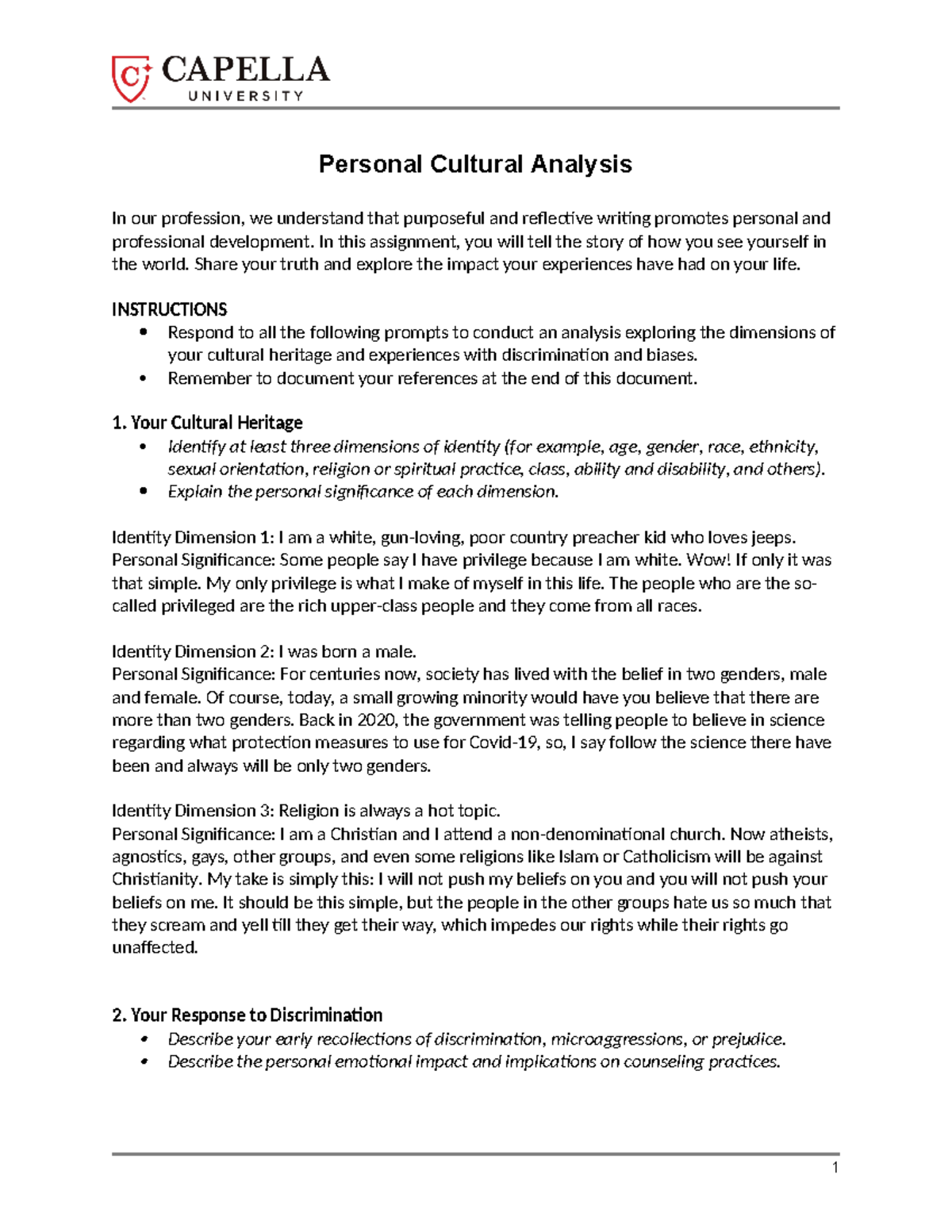 Cf personal cultural analysis - Personal Cultural Analysis In our ...