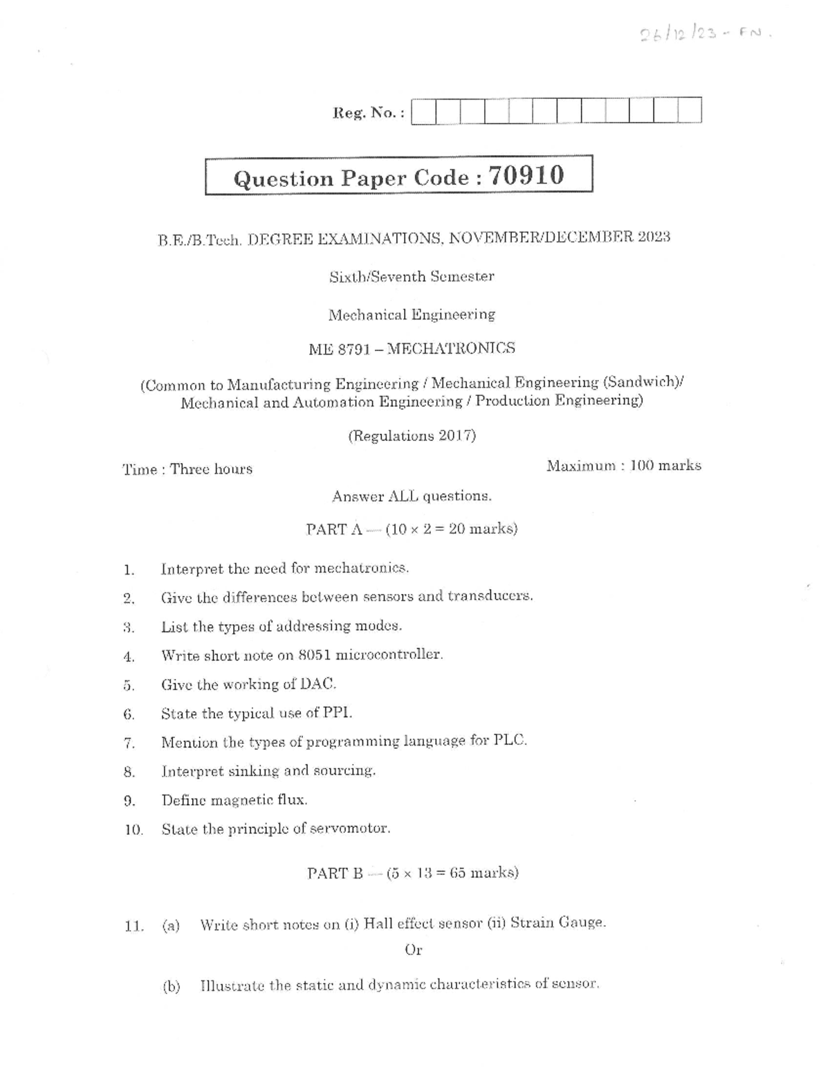ME8791 2023 Mechatronics R2017 - 2023 Nov - Mechanical engineering ...