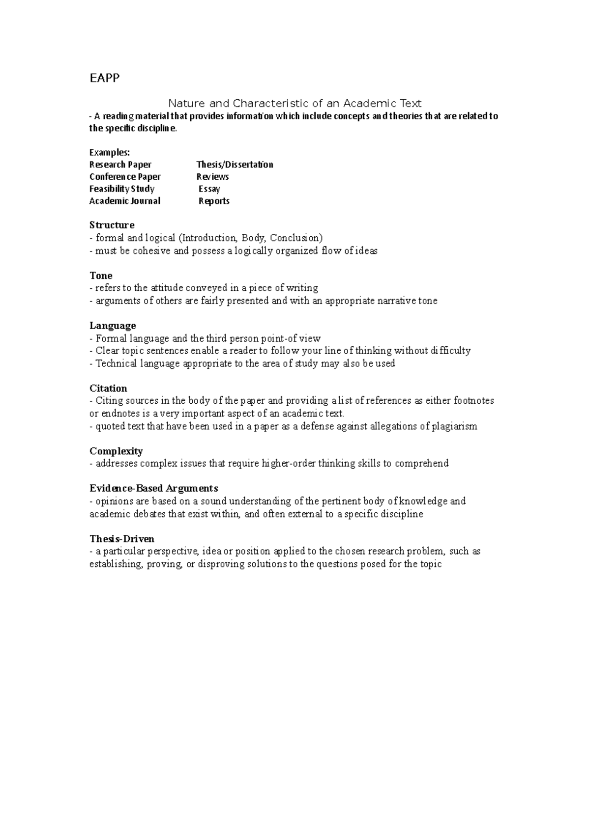 EAPP notes - EAPP Nature and Characteristic of an Academic Text A ...