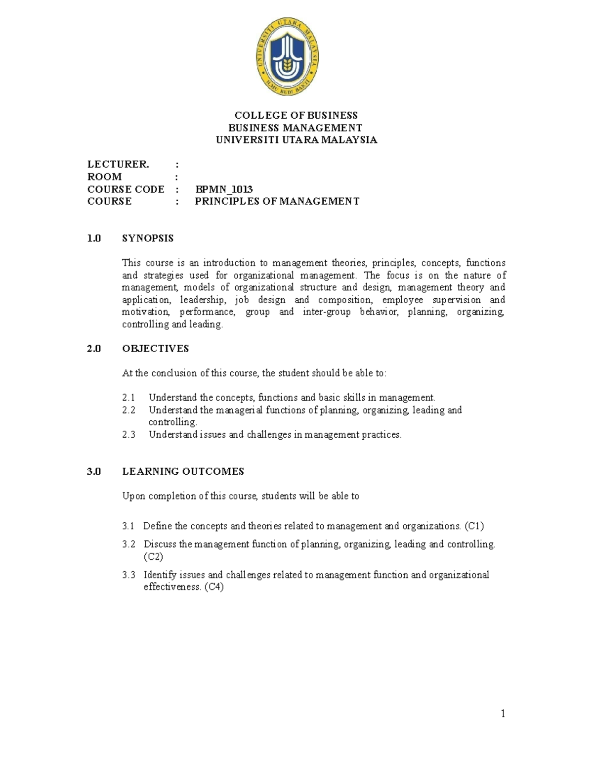 Updated 5 oct (A231) BPMN1013 Syllabus- Student-2 - COLLEGE OF BUSINESS ...