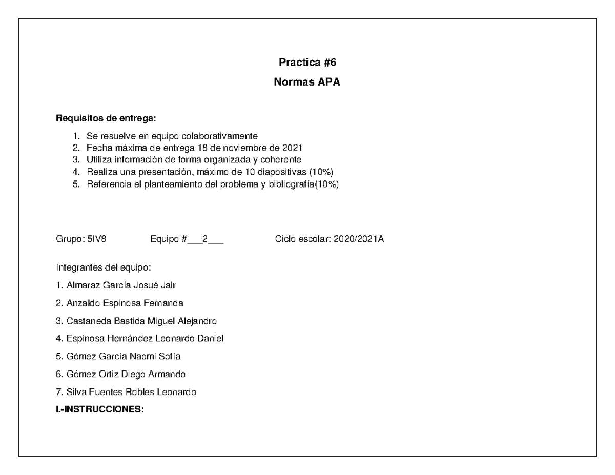 Equipo 2-Practica #6 Normas APA - Practica Normas APA Requisitos de ...