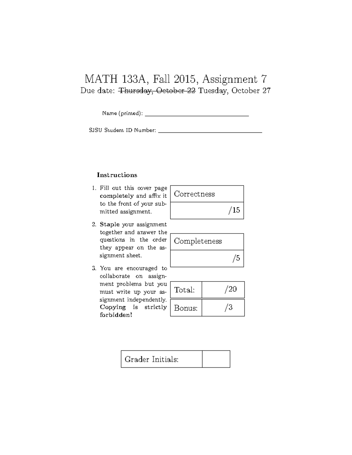 MATH 133A Assignment 7 - MATH 133A, Fall 2015, Assignment 7 Due date ...