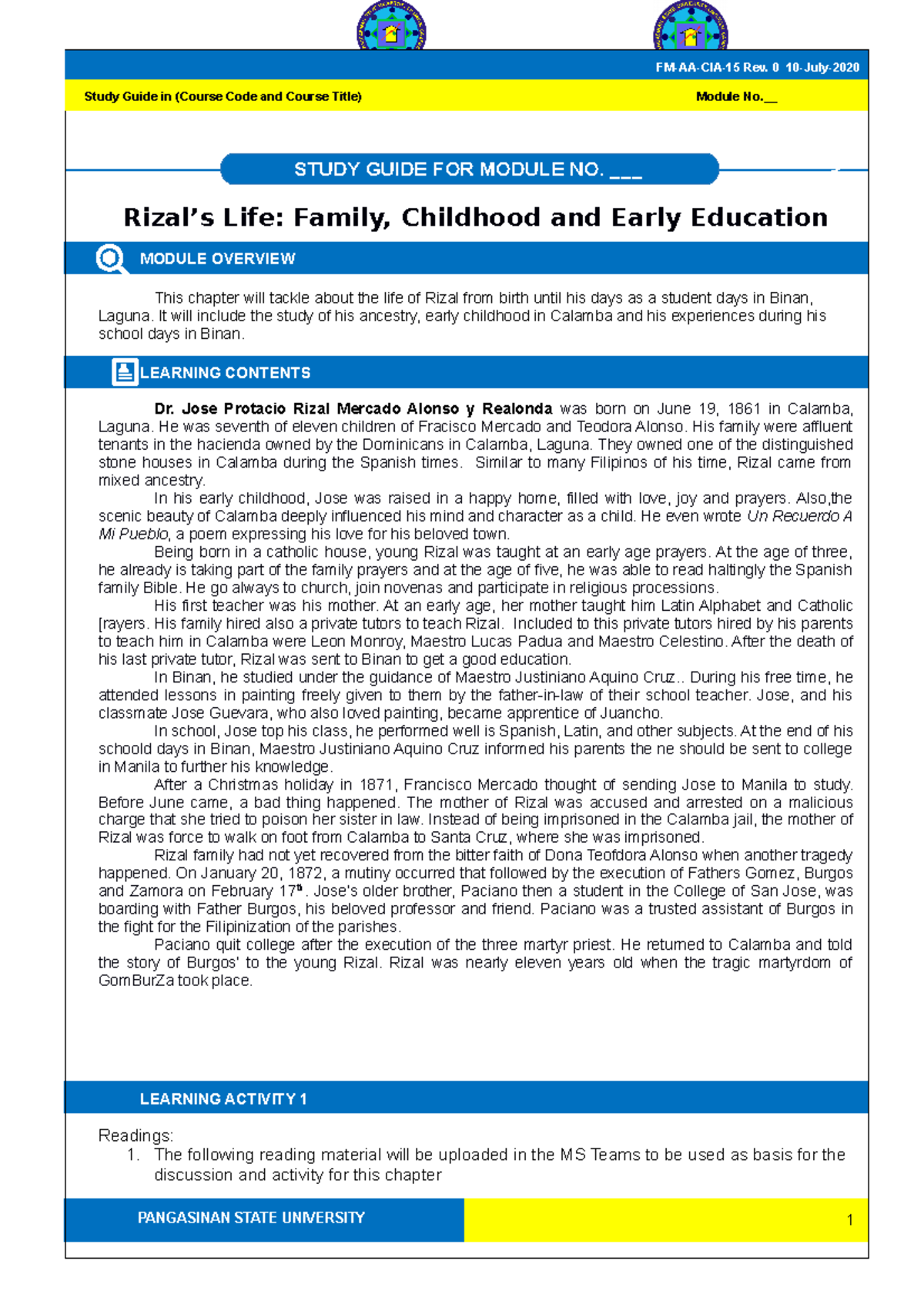 GE9 Chapter 3 - Rizal Family Life and-Childhood - FM-AA-CIA-15 Rev. 0 ...