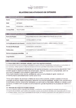 Relatório Pronto - Resumo Atividades de extensão - CAMPUS VIRTUAL CRUZEIRO DO SUL LICENCIATURA ...