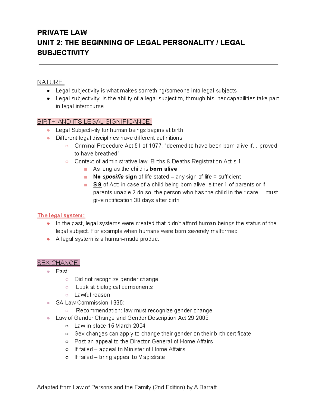 Study Unit 2 - The beginning of legal Personality Subjectivity ...