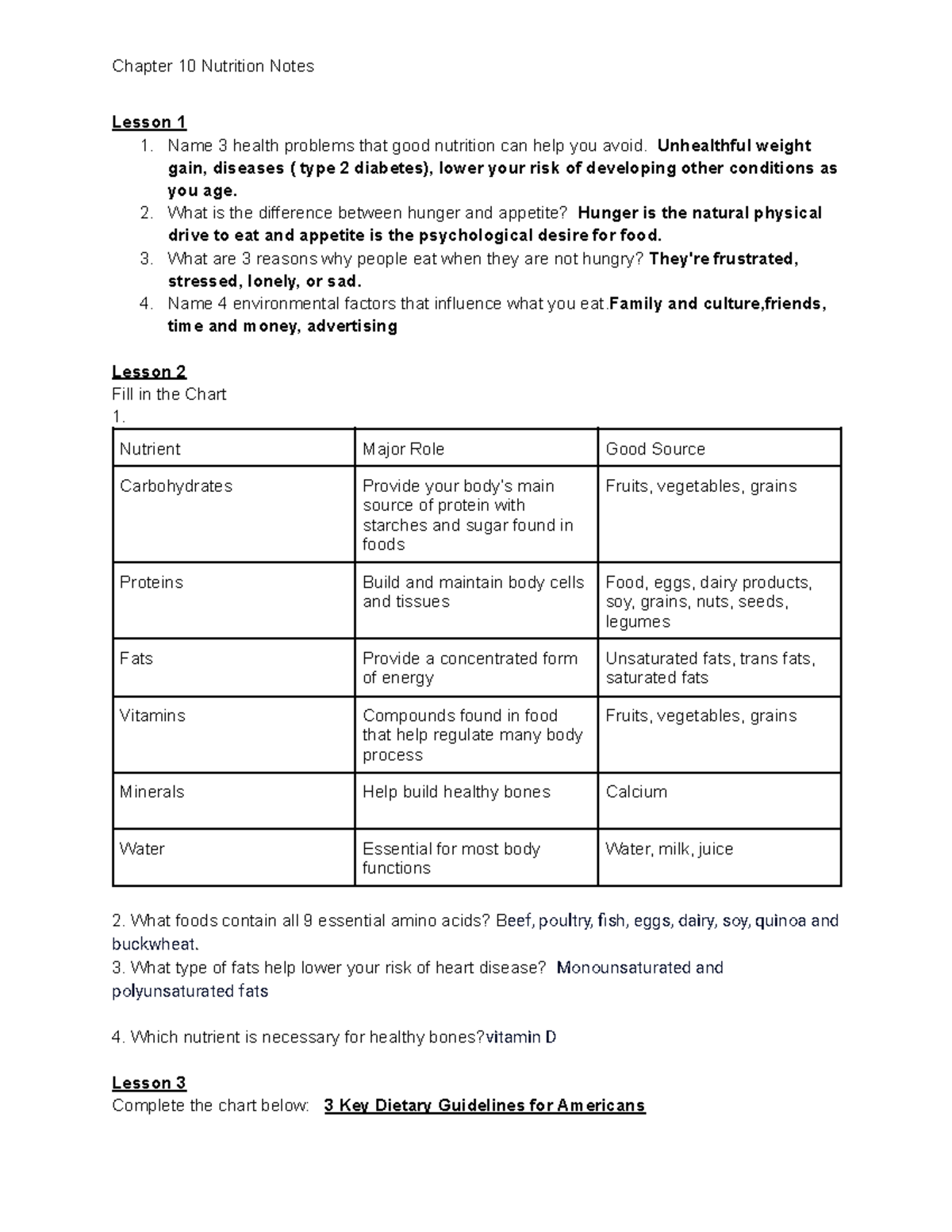 Copy of Ch 10 Notes - assignment - Chapter 10 Nutrition Notes Lesson 1 ...