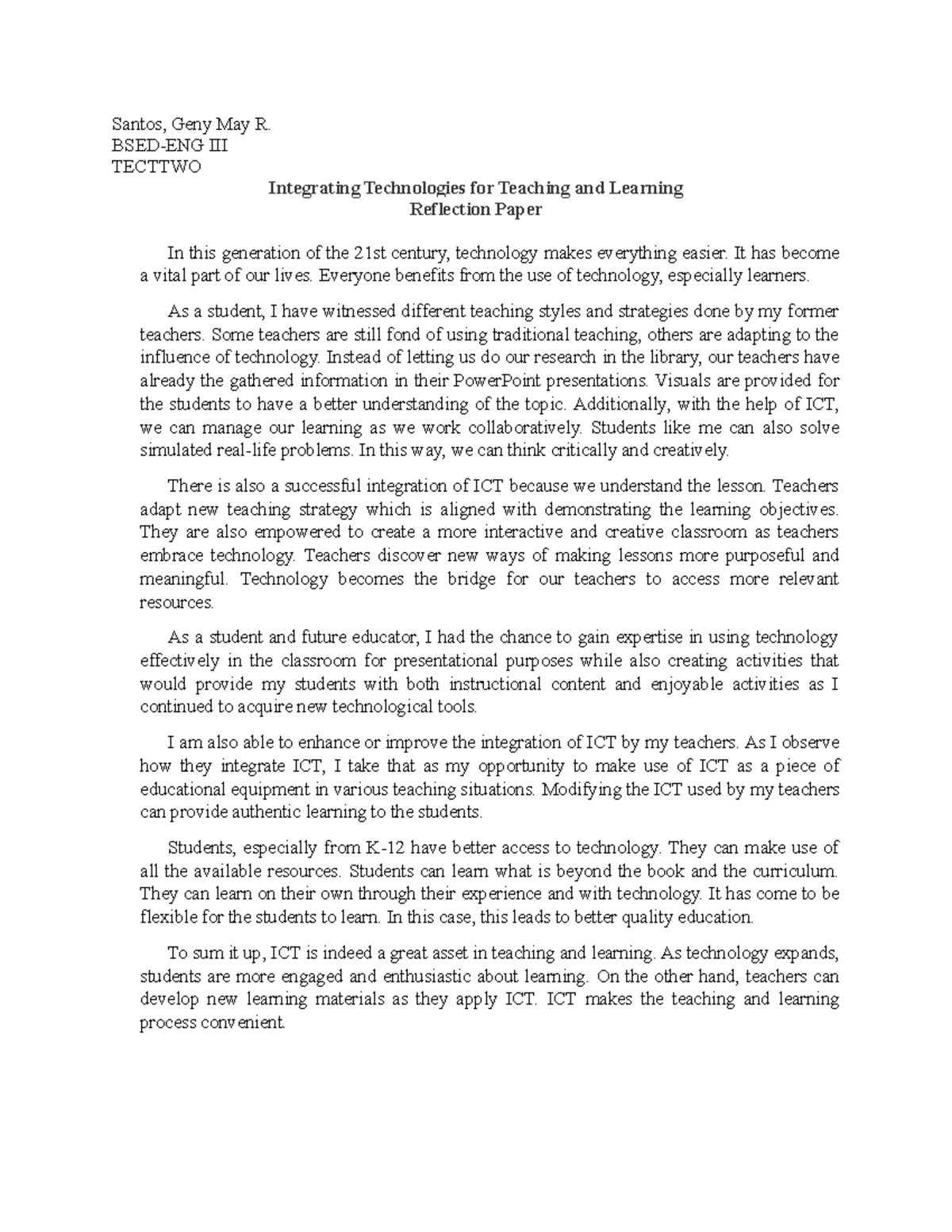 Reflection Paper Santos Geny May R Bsed Eng Iii Tecttwo Integrating Technologies For