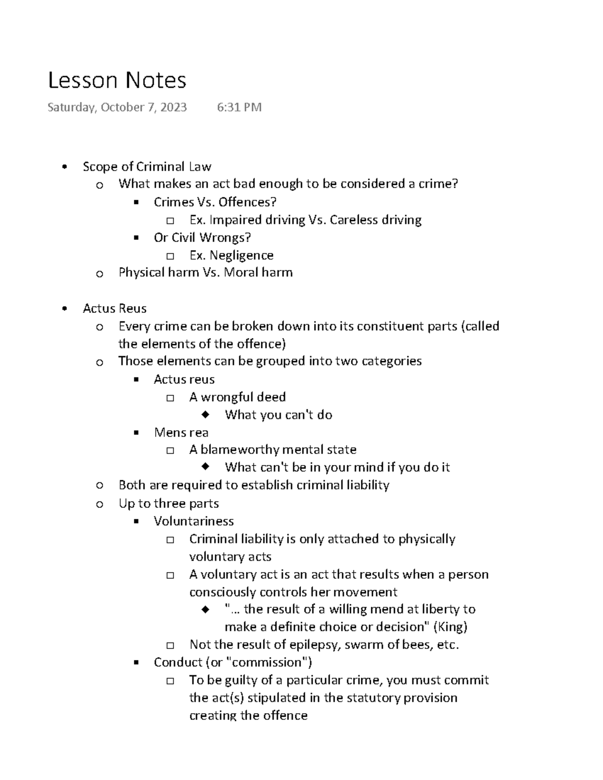 Lesson Notes Law UWO 2201 - Scope of Criminal Law What makes an act bad ...