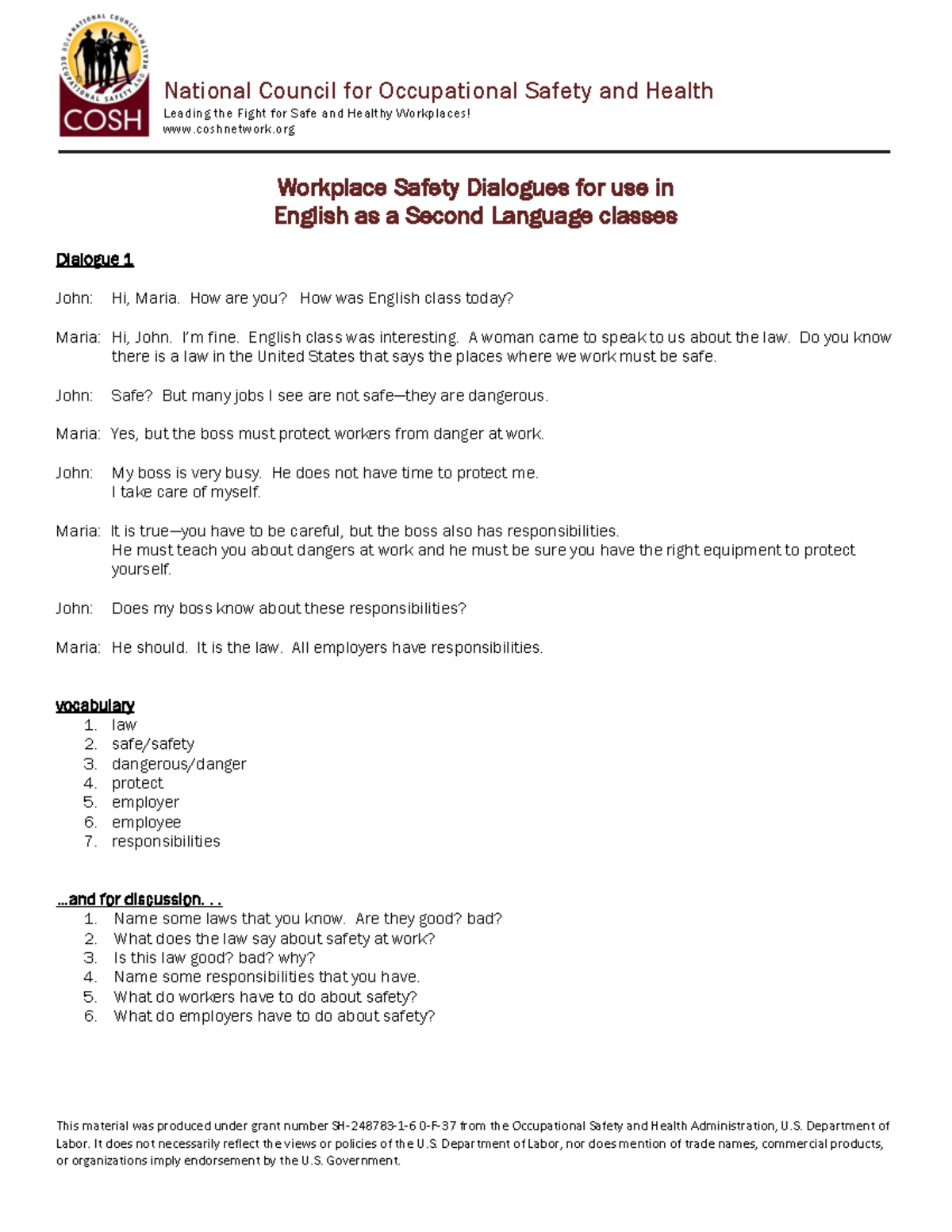 ESL Safety Dialogues English - This material was produced under grant ...