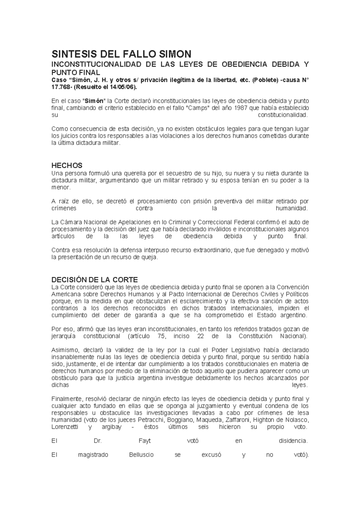Sintesis DEL Fallo Simon - SINTESIS DEL FALLO SIMON ...