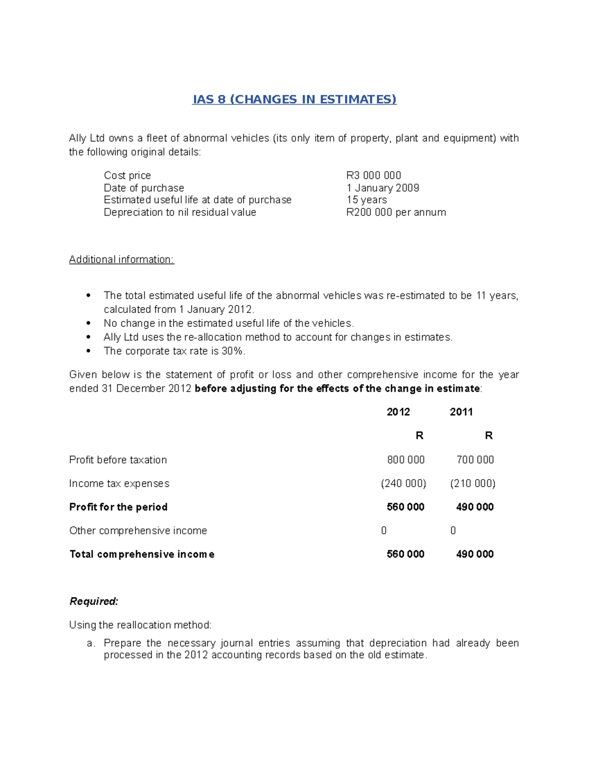 IAS 8 Question IAS 8 CHANGES IN ESTIMATES Ally Ltd Owns A Fleet Of