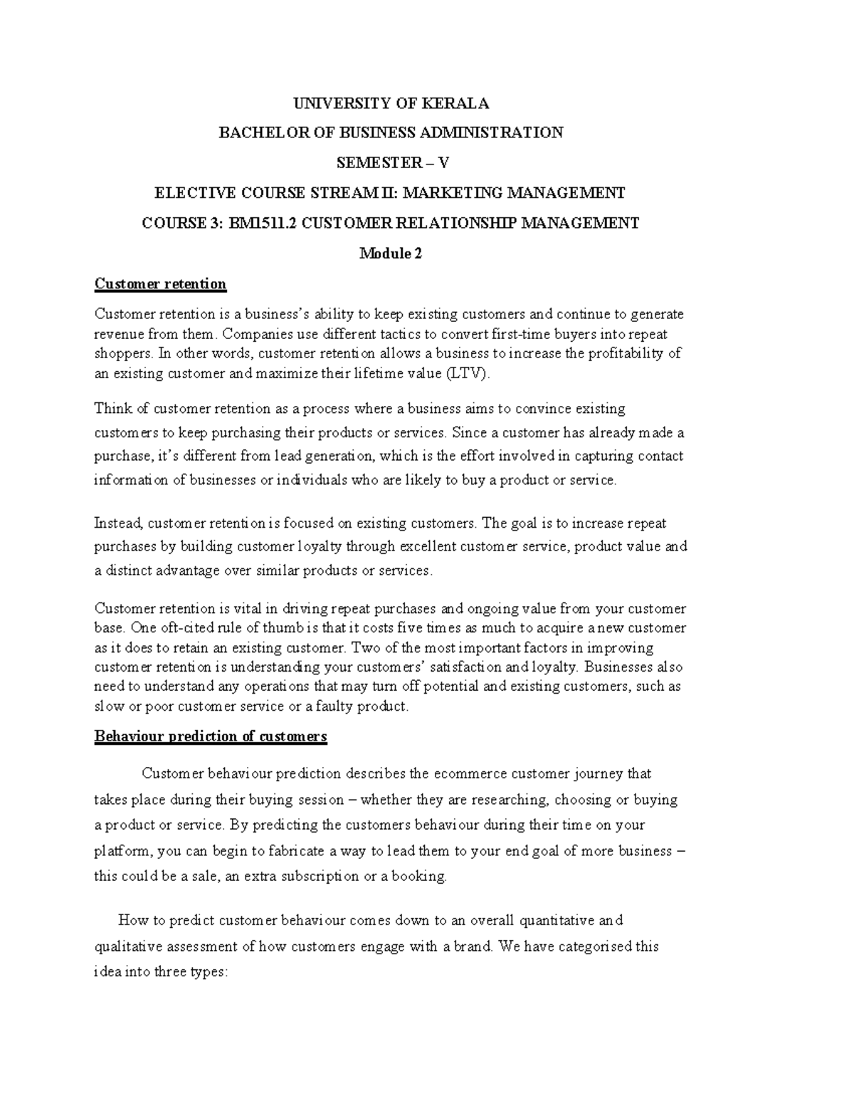 CRM Mod2 - Crm notes - UNIVERSITY OF KERALA BACHELOR OF BUSINESS ...