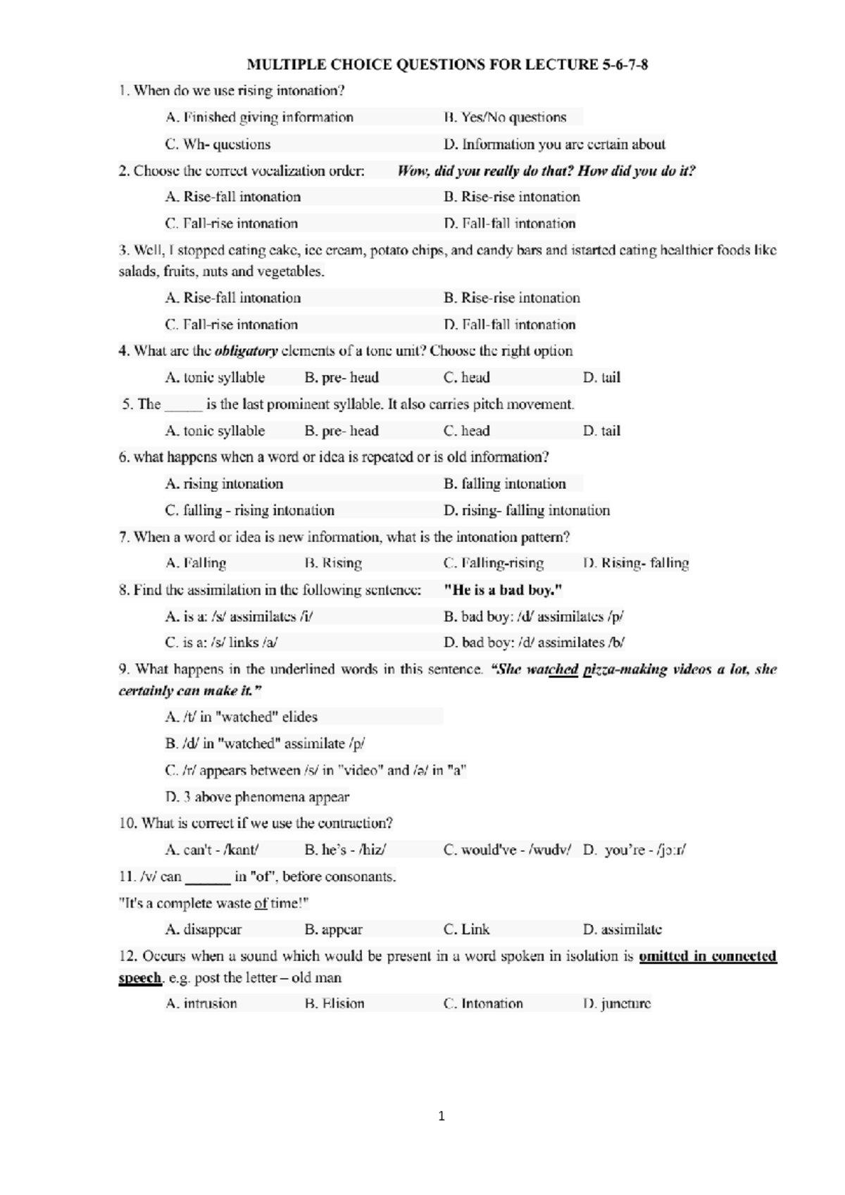 Lecture 6 7 8 câu hỏi gửi sv - MULTIPLE CHOICE QUESTIONS FOR LECTURE 1 ...
