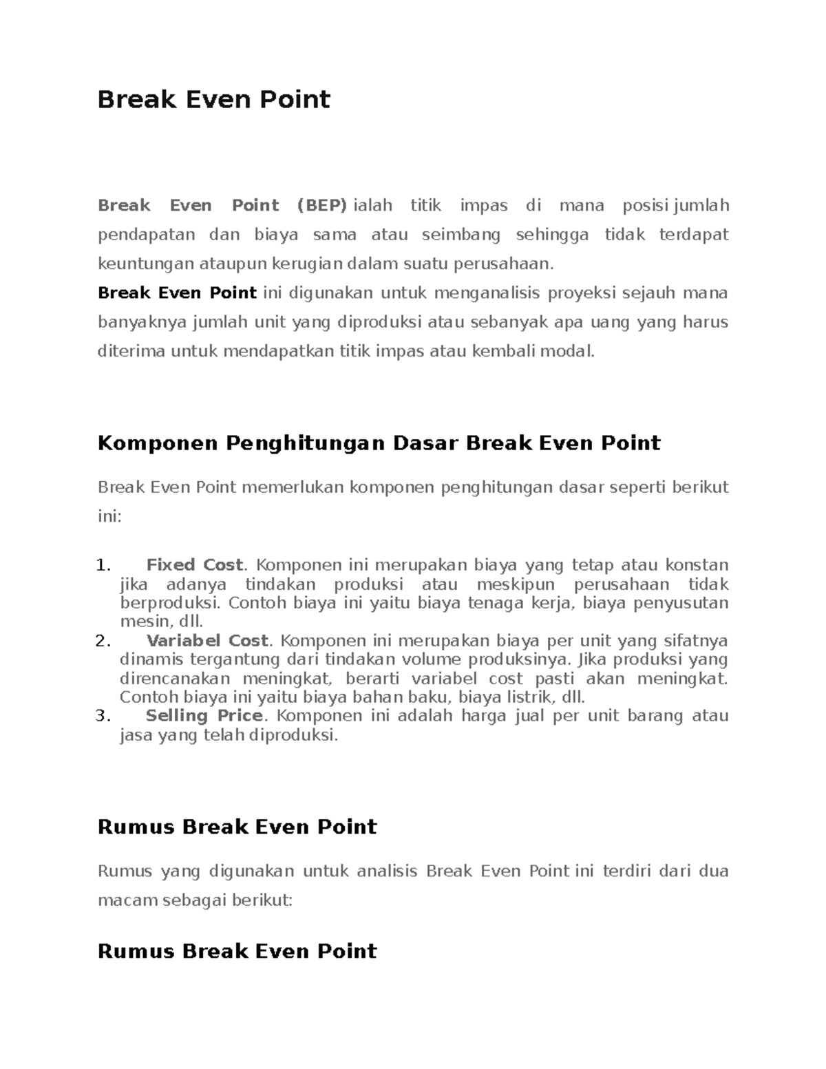Break Even Point Break Even Point Break Even Point BEP Pendapatan