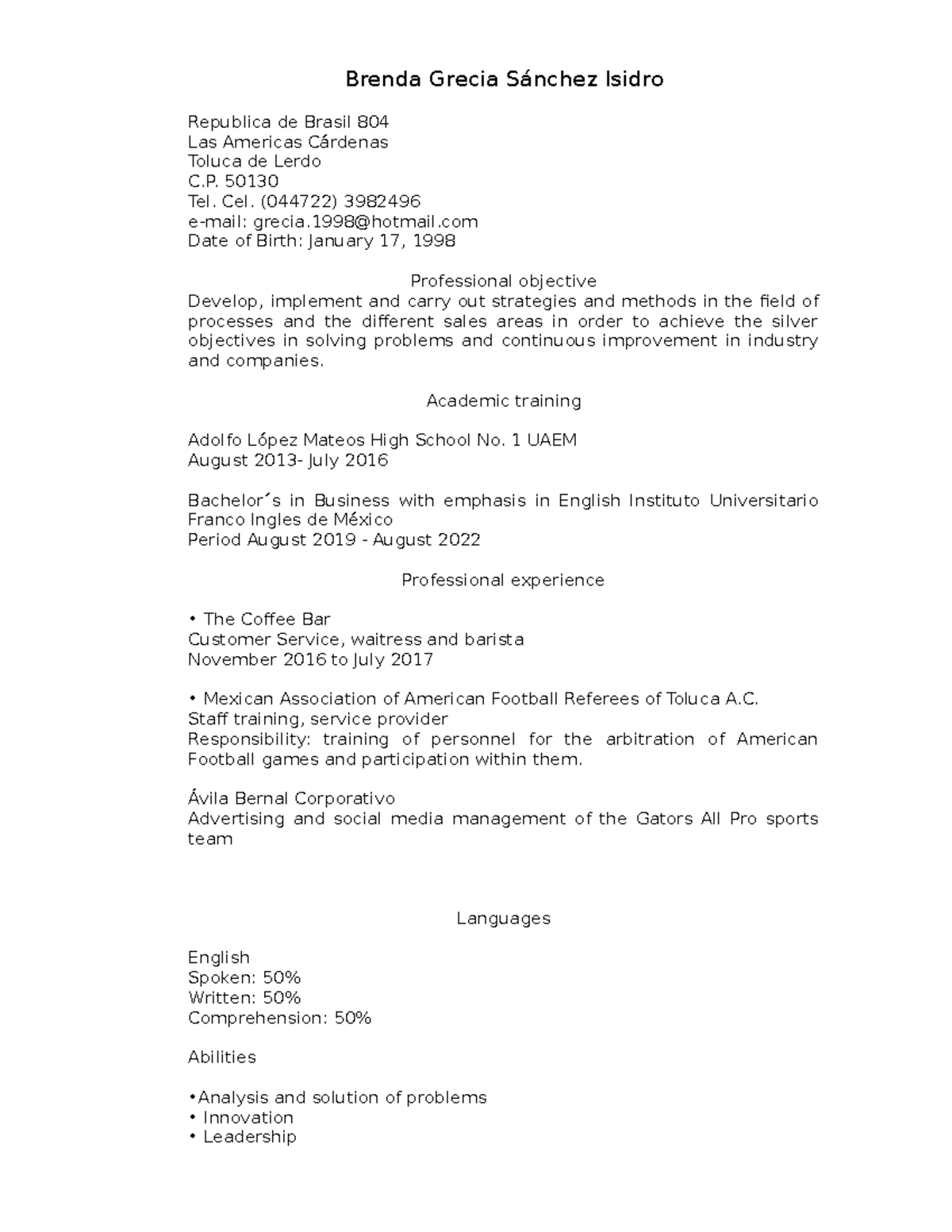 Cv - es un ejemplo de como hacer un cv correcto - Brenda Grecia Sánchez ...