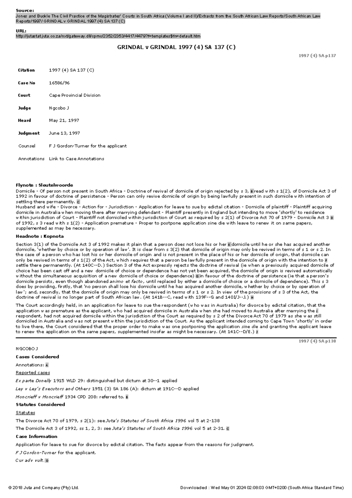 Grindal v Grindal 1997 (4) SA 137 (C) - Source: Jones and Buckle The ...
