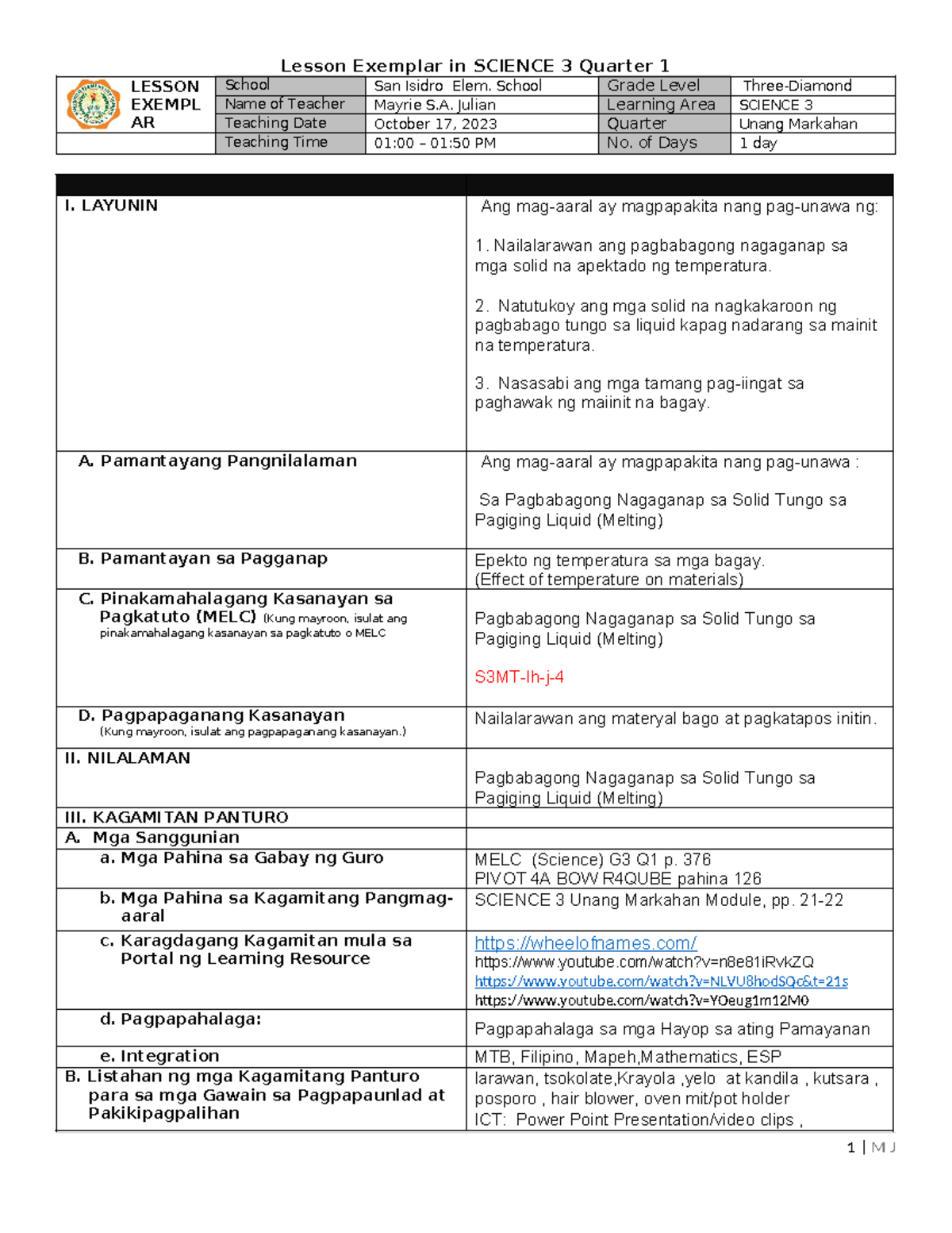 COT1-Grade-3- Science-Q1-Week-5 Melting - Julian- Mayrie - Lesson ...
