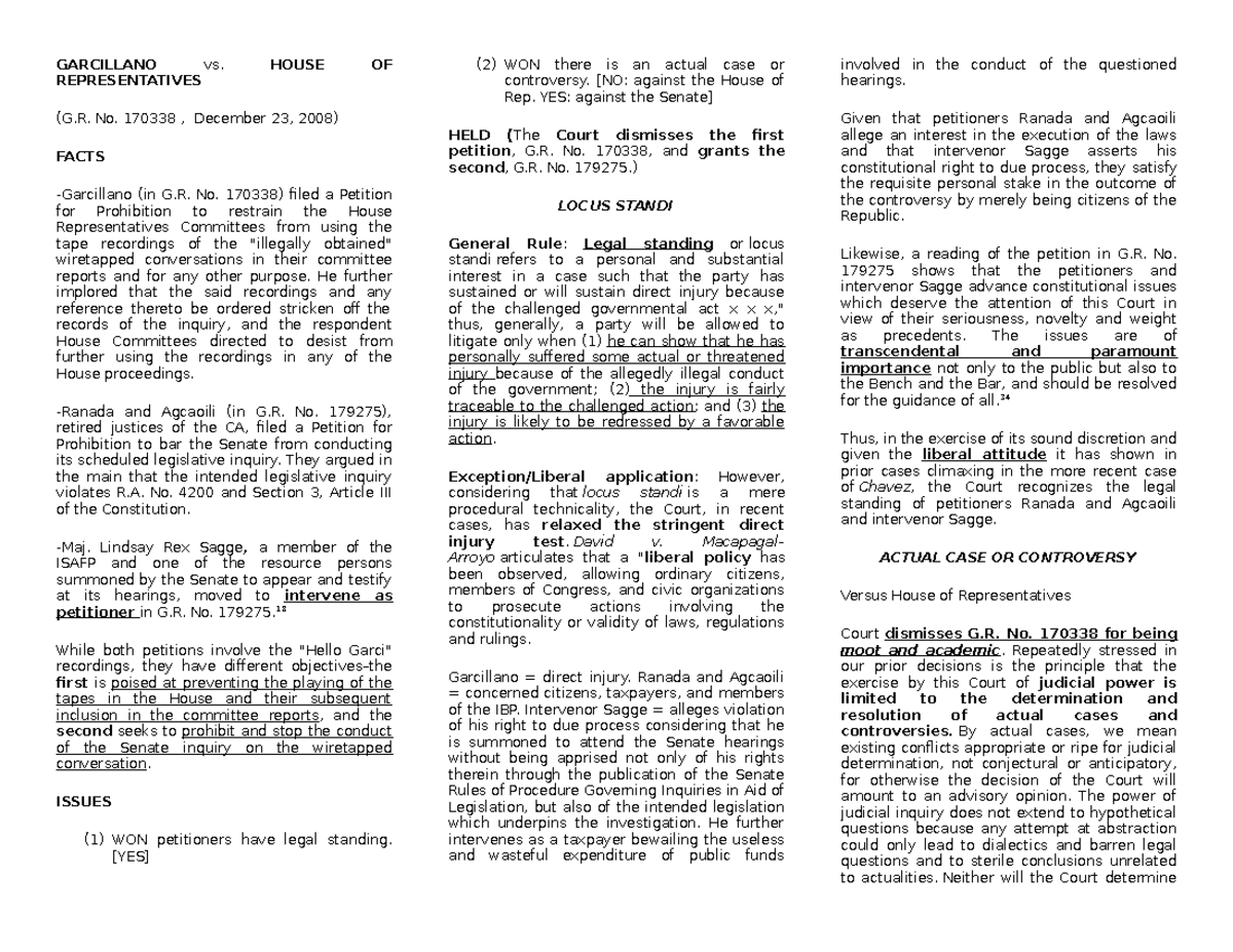 45198731 Case Digest Garcillano vs House GR 170338 - GARCILLANO vs ...