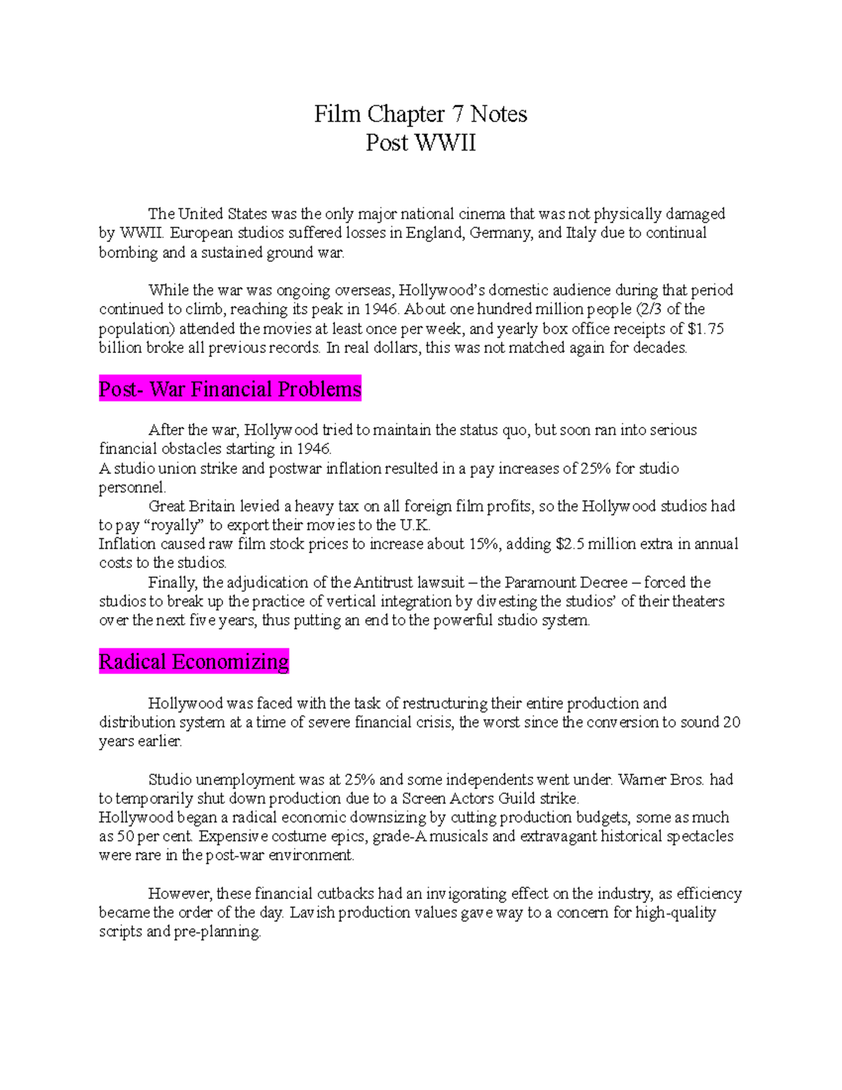 Film Chapter 7 Notes - Post WWII! - Film Chapter 7 Notes Post WWII The ...