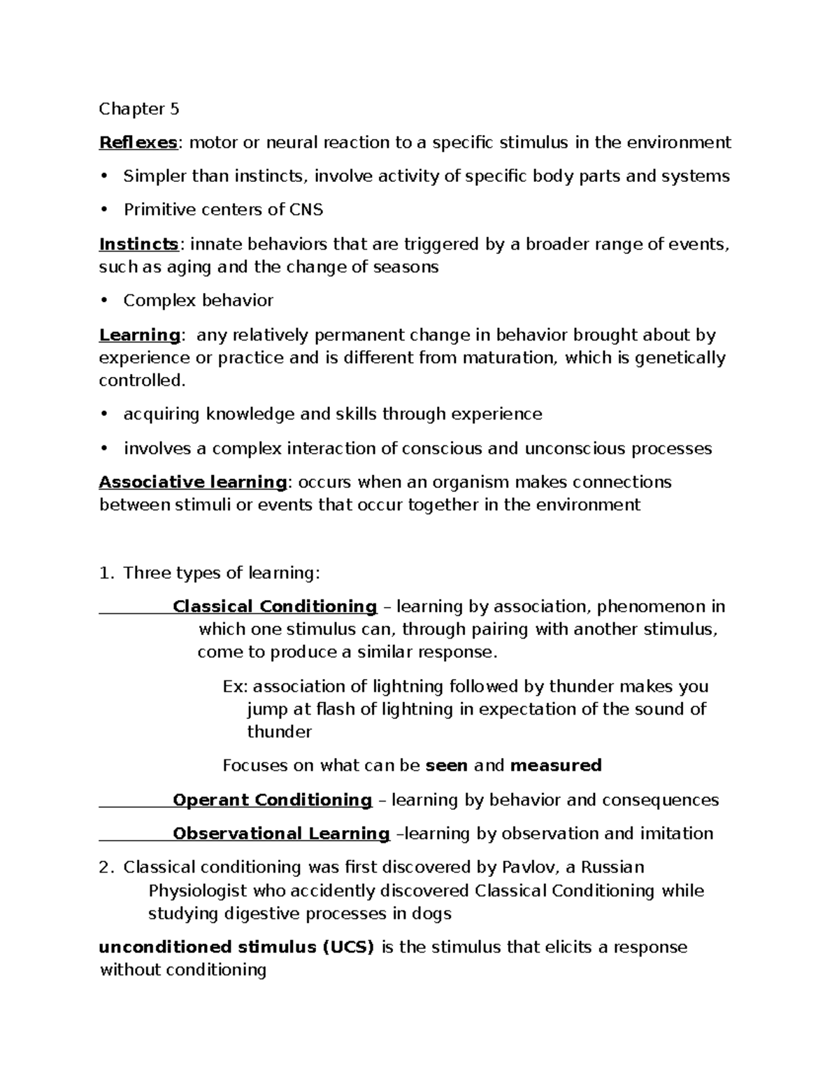 CHapter 5 Psychology Learning and Memory - Chapter 5 Reflexes : motor ...