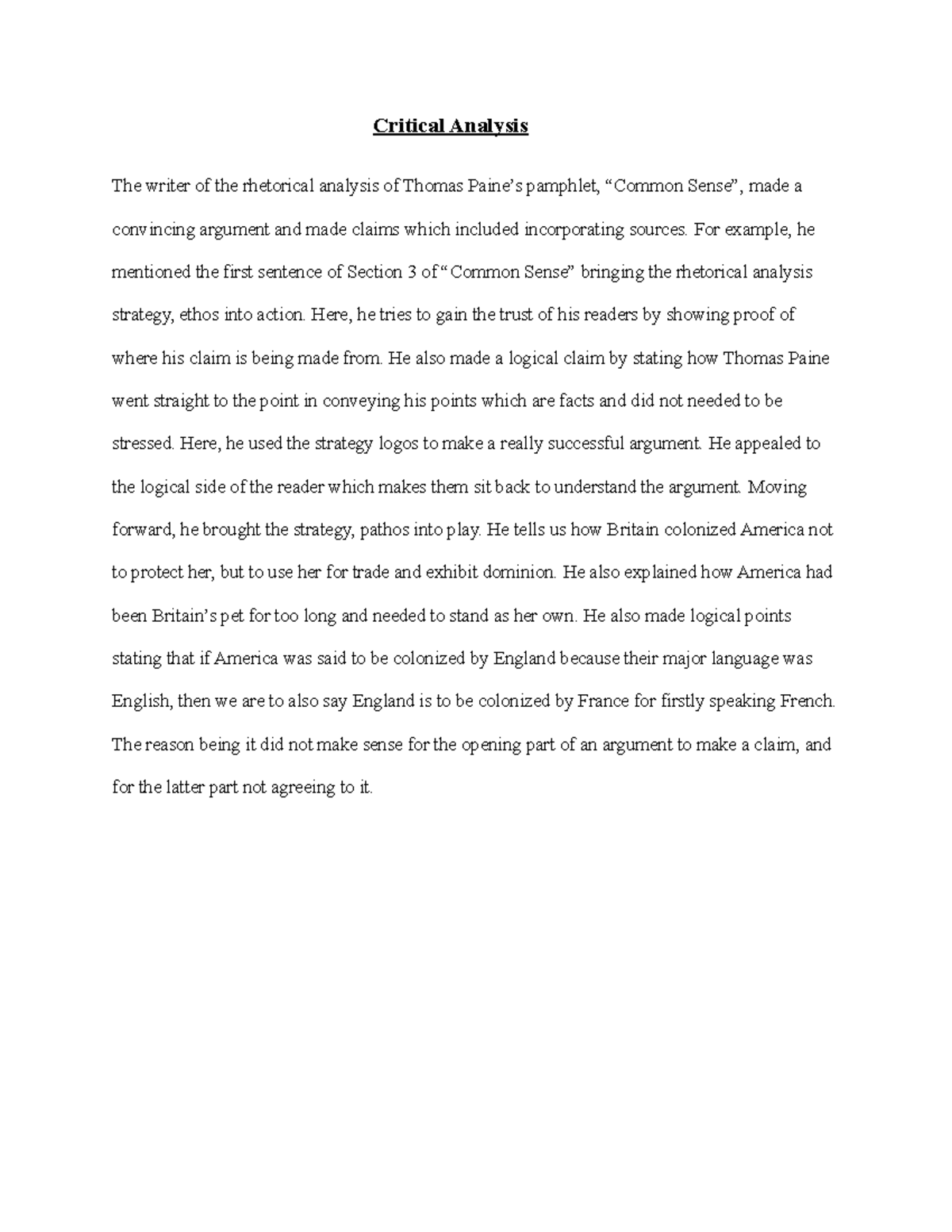 Rhetorical Analysis - Critical Analysis The writer of the rhetorical ...