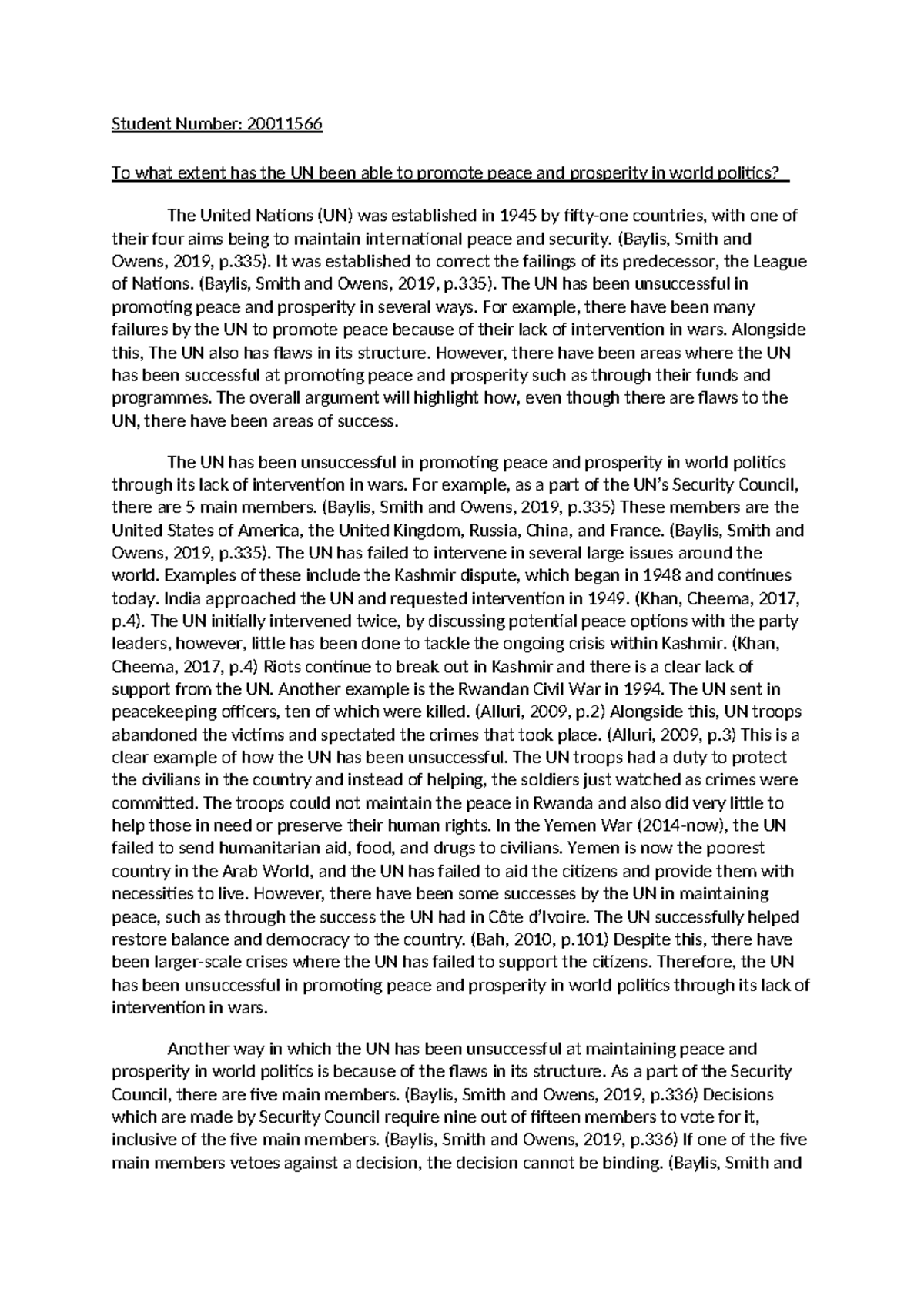 UN essay - Student Number: 20011566 To what extent has the UN been able ...