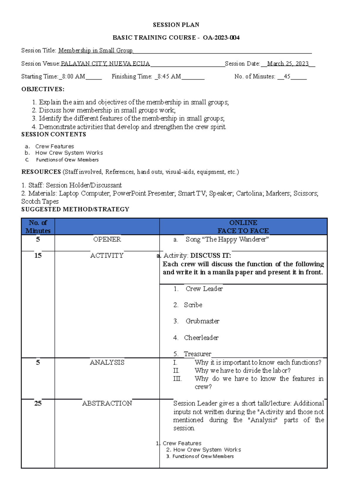 Session-PLAN- Dejesa- Membership IN Small Group - SESSION PLAN BASIC ...
