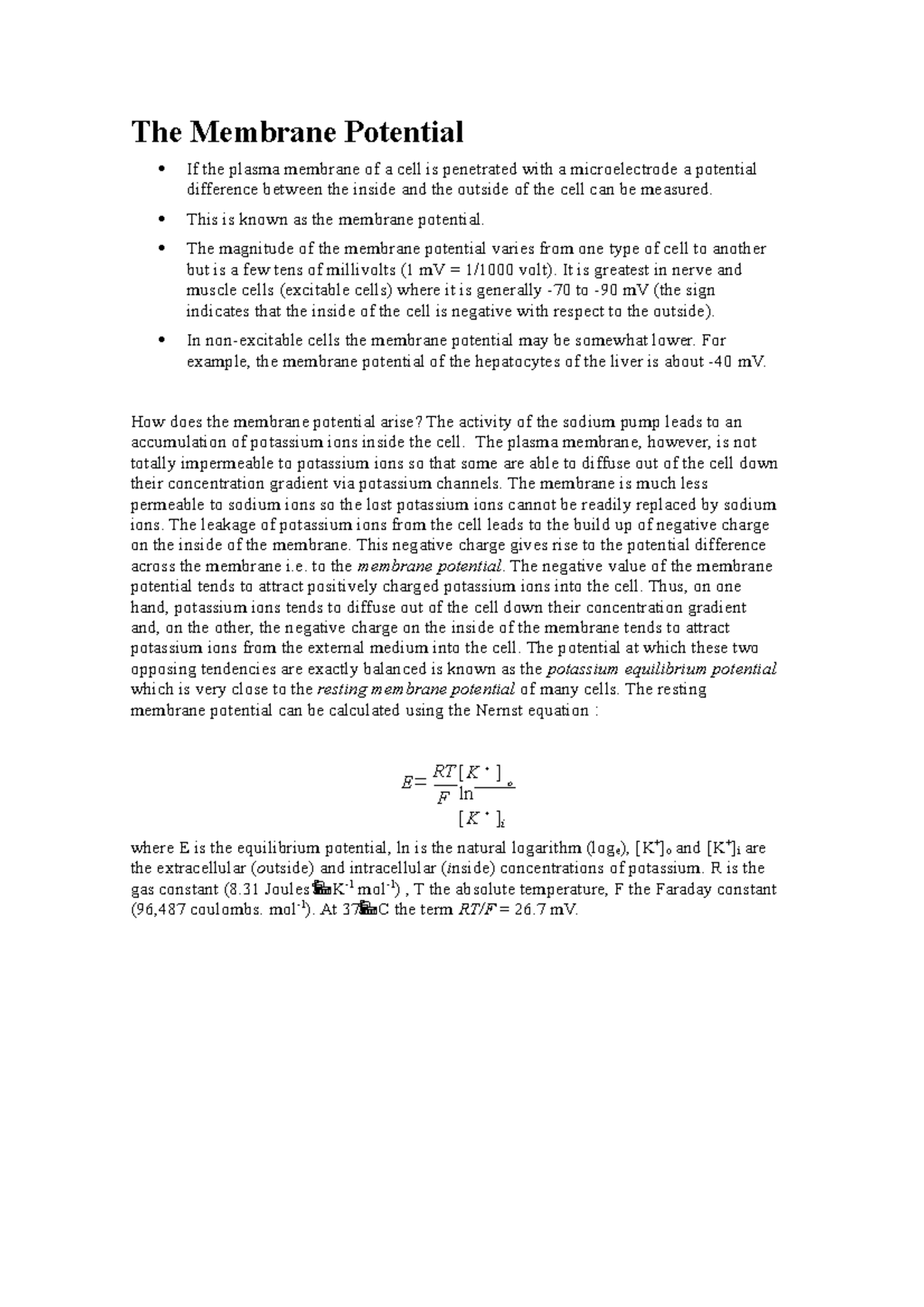 Membrane potnetial lecture summary 3 - The Membrane Potential If the ...