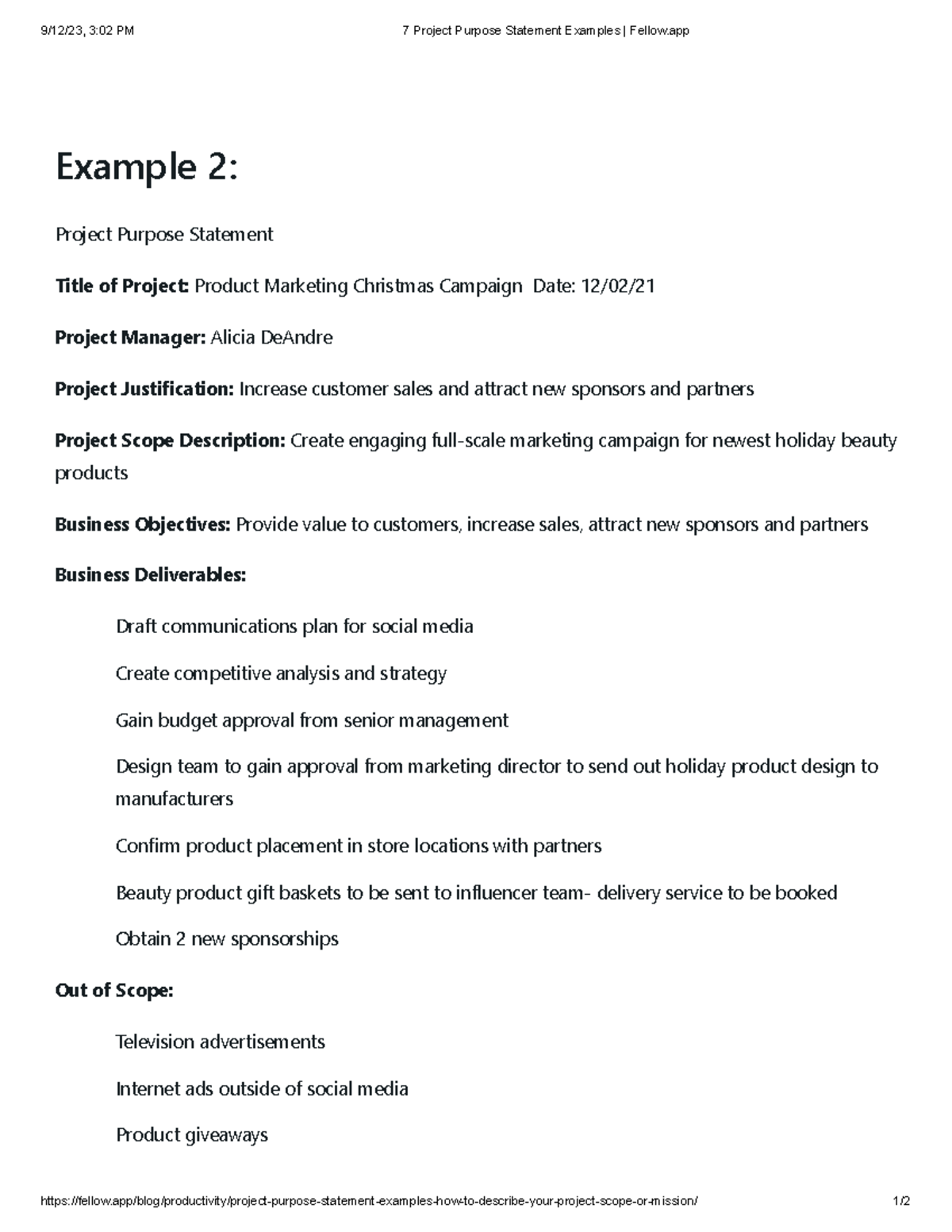Hybrid Activity - Example of Project Purpose Statement - 9/12/23, 3:02 ...