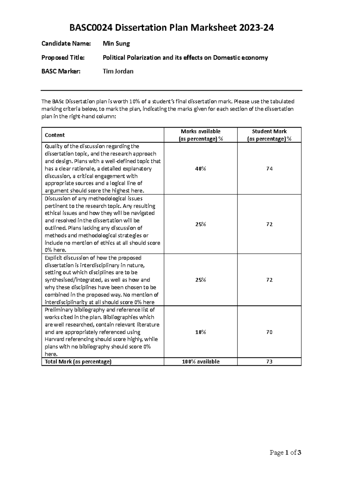 2023-24 BASC0024 Dissertation Plan Marksheet Sung - Page 1 of 3 BASC ...