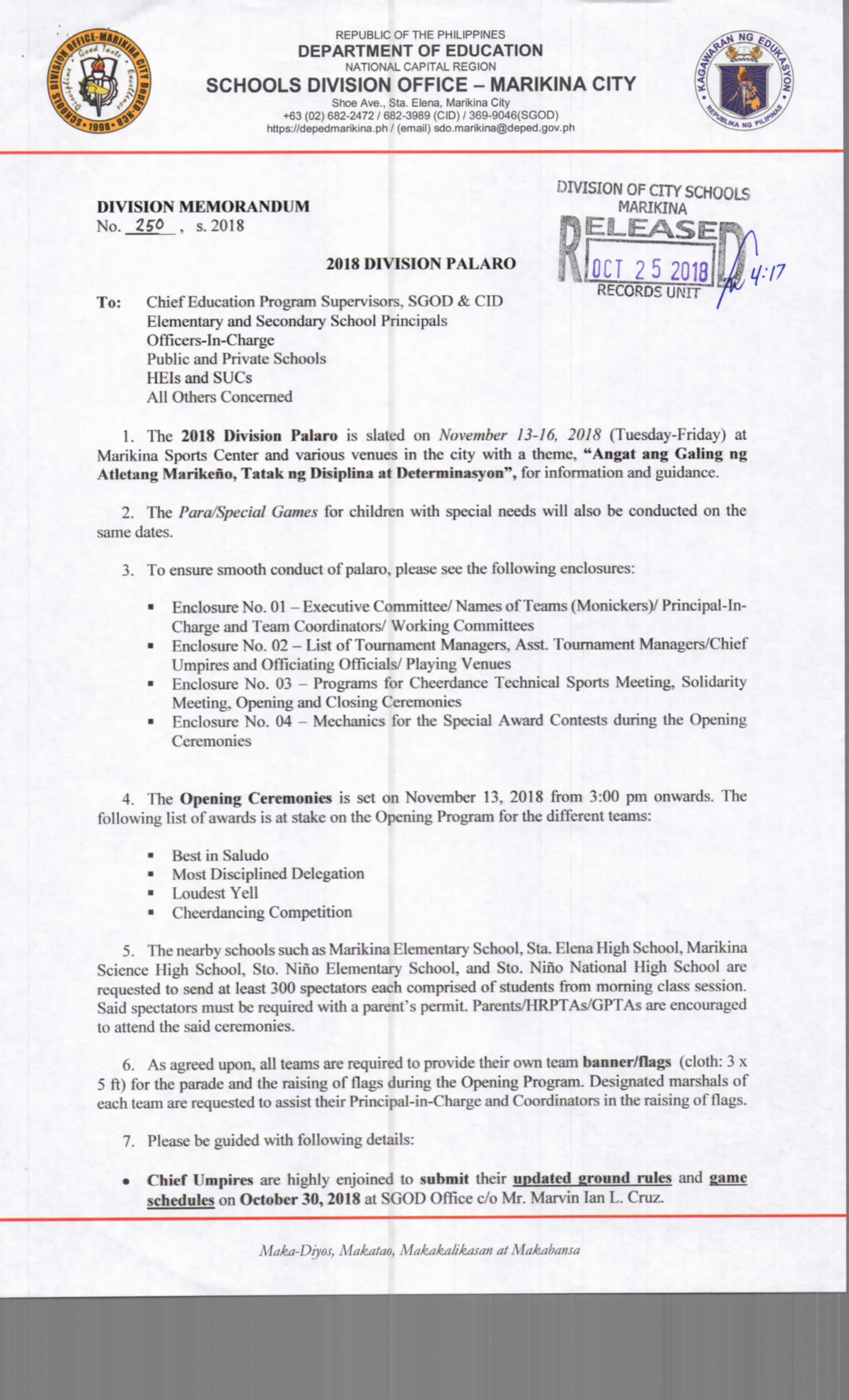 Memo No. 250, s. 2018 Division Palaro 2018 - SOLIDARITY MEETING ...