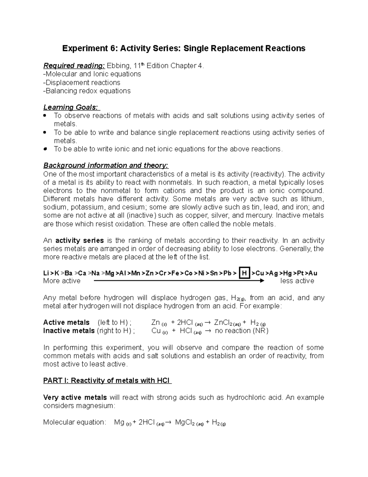 Experiment 6- Activity Series -Molecular and Ionic equations ...
