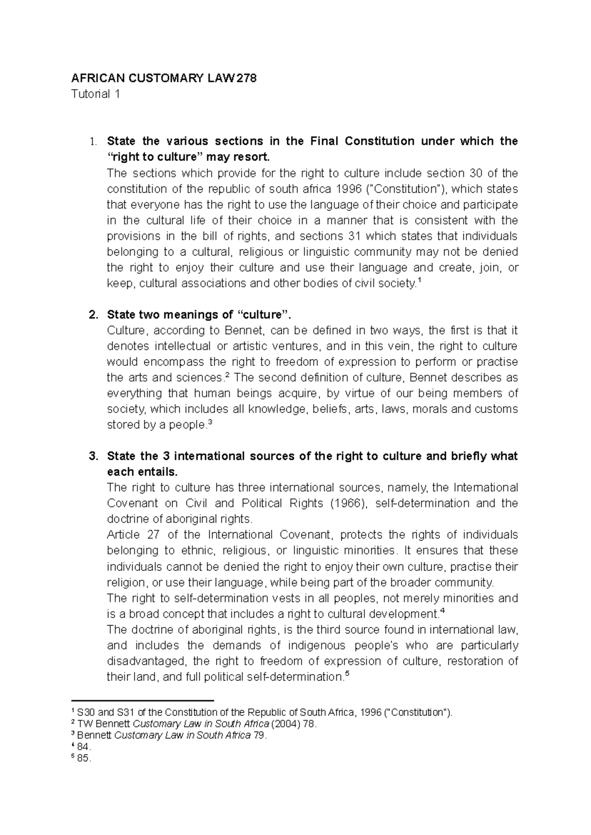 African Customary Law tutorial 1 - AFRICAN CUSTOMARY LAW 278 Tutorial 1 ...
