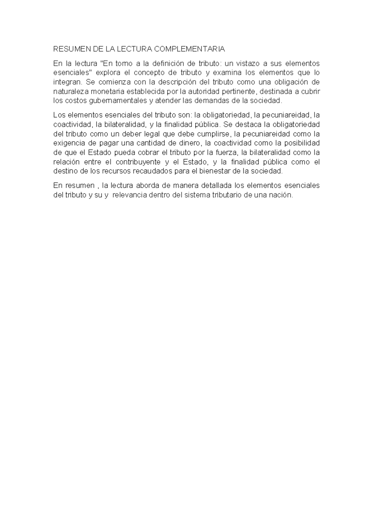 Resumen DE LA Lectura Complementaria - RESUMEN DE LA LECTURA COMPLEMENTARIA En la lectura "En ...