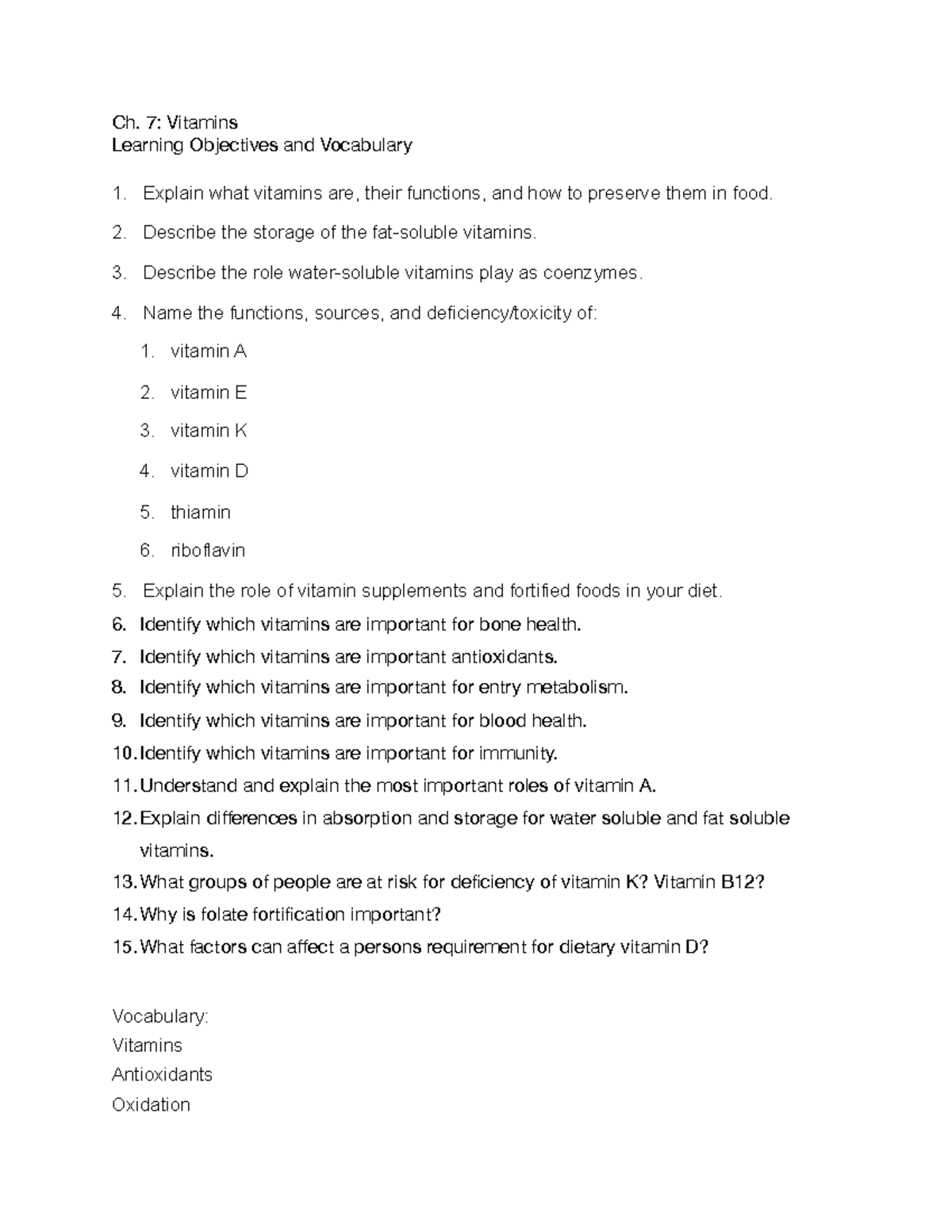 Bio 151 Ch. 7 Learning Objectives PDF - Ch. 7: Vitamins Learning ...