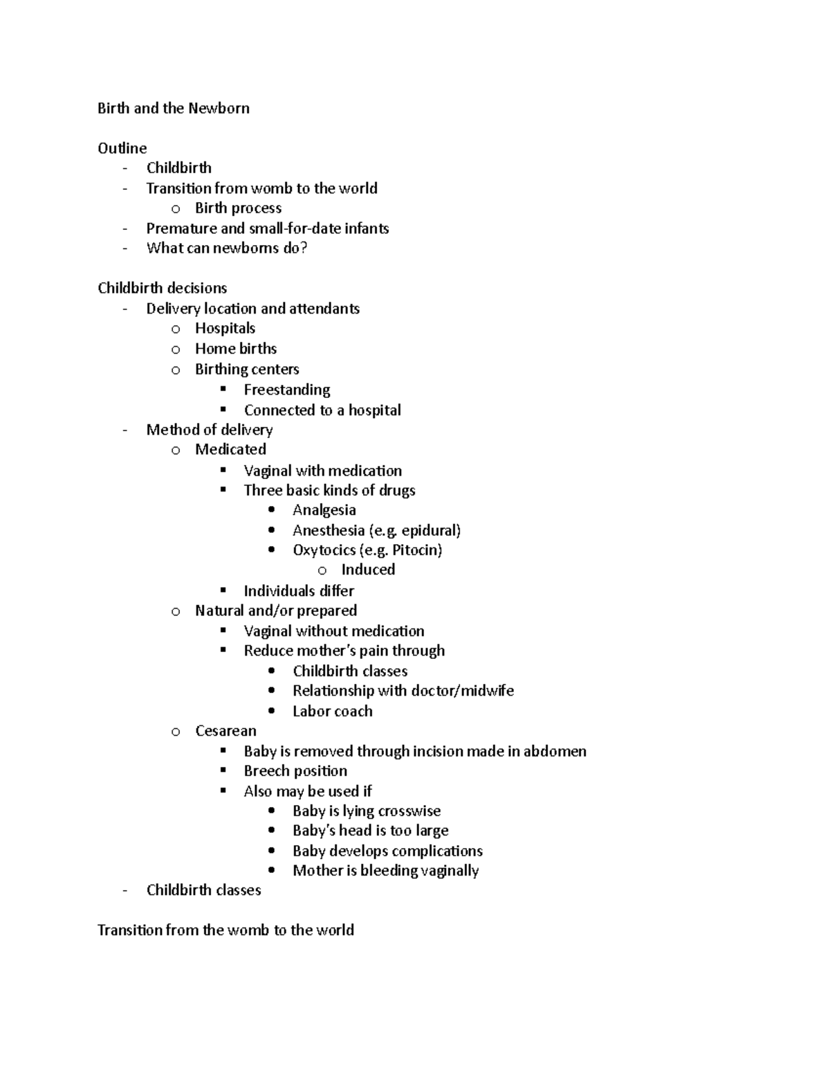 Birth and the Newborn 2:3 - Birth and the Newborn Outline - Childbirth ...