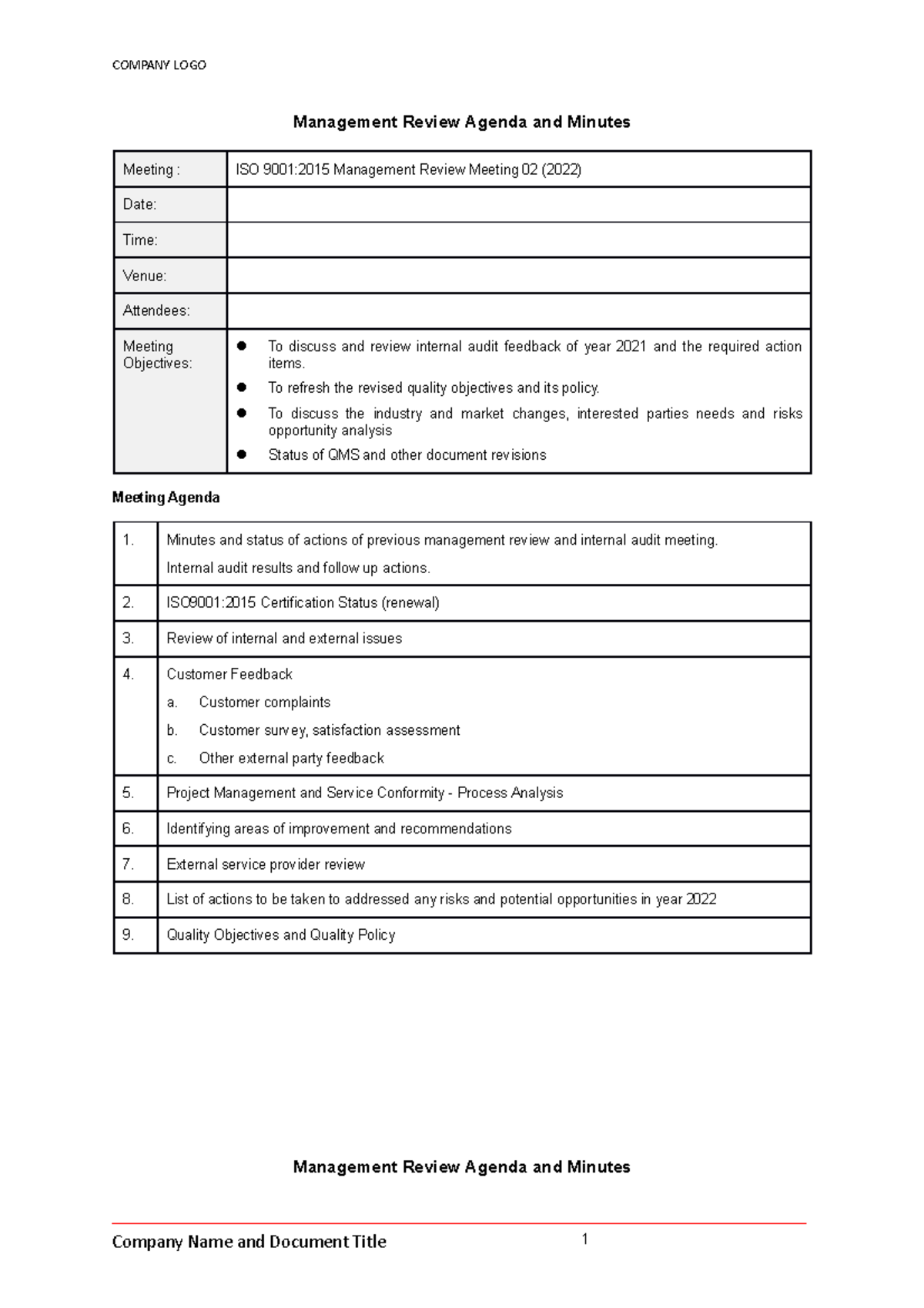 Management Review Agenda and Minutes - COMPANY LOGO Management Review ...