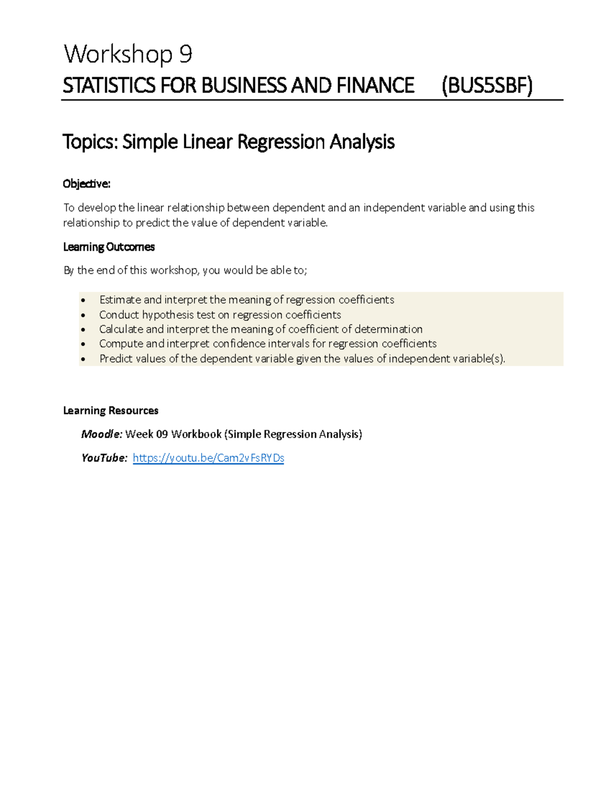 Workshop 09 Solution-Simple Regression Analysis - Workshop 9 STATISTICS FOR BUSINESS AND FINANCE ...