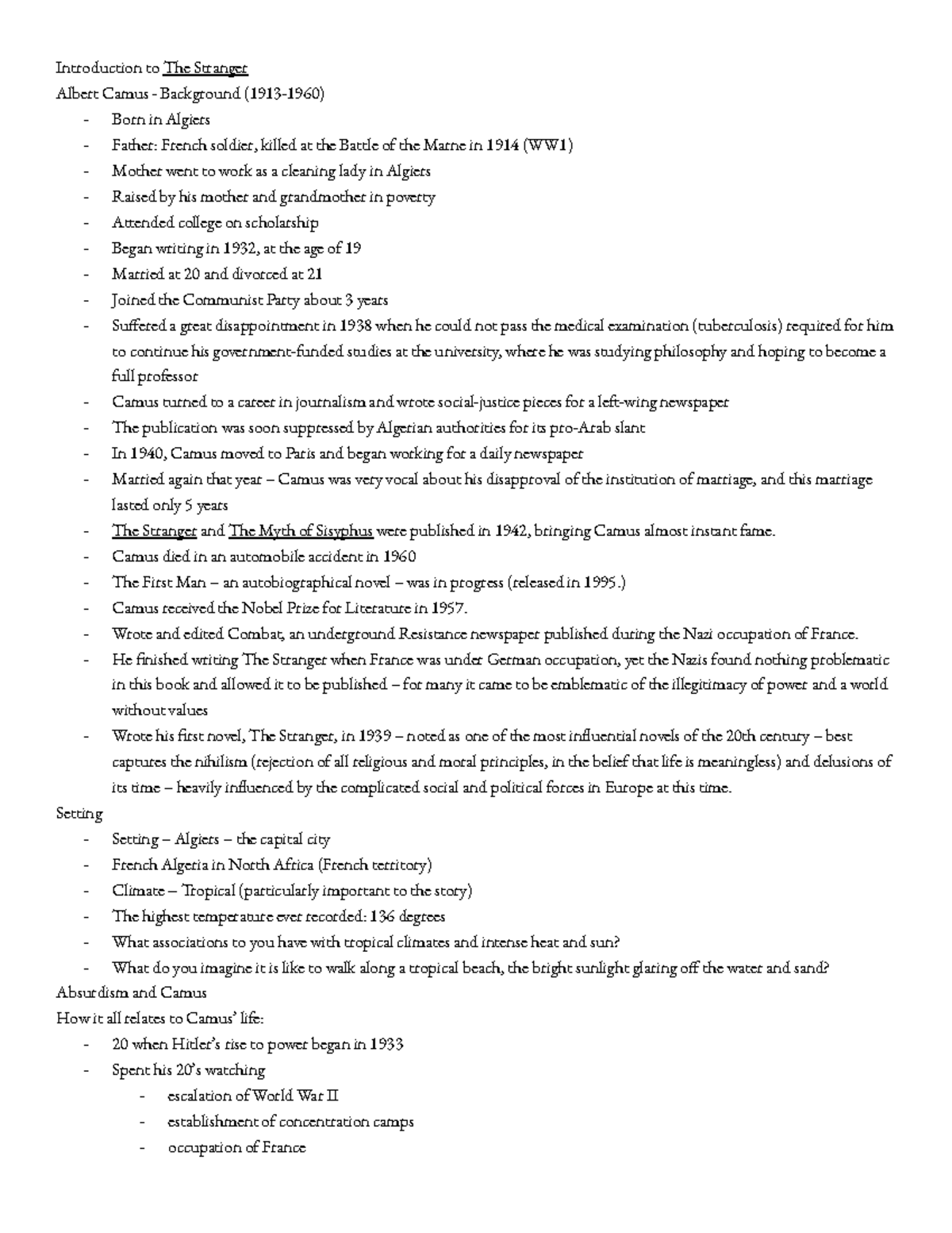 The stranger notes - Introduction to The Stranger Albert Camus ...