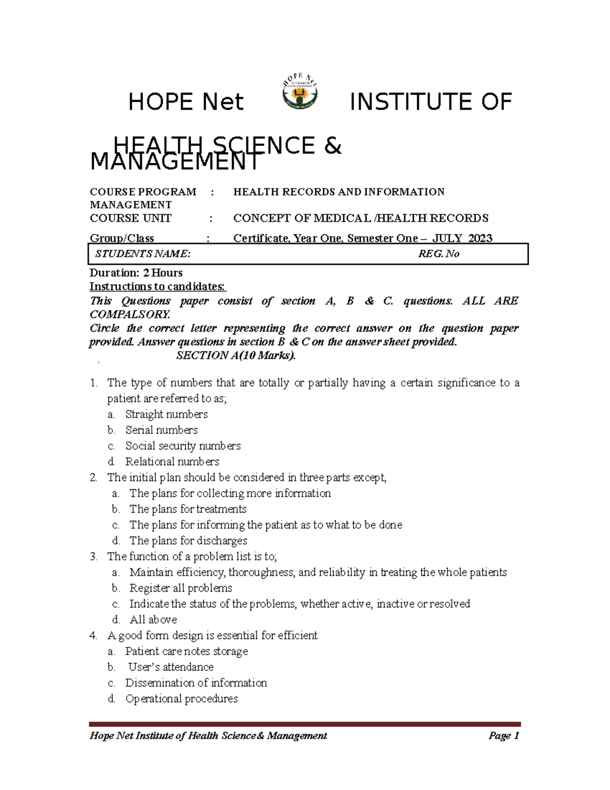 Concepts of rcds-JULY exam - HOPE Net INSTITUTE OF HEALTH SCIENCE ...