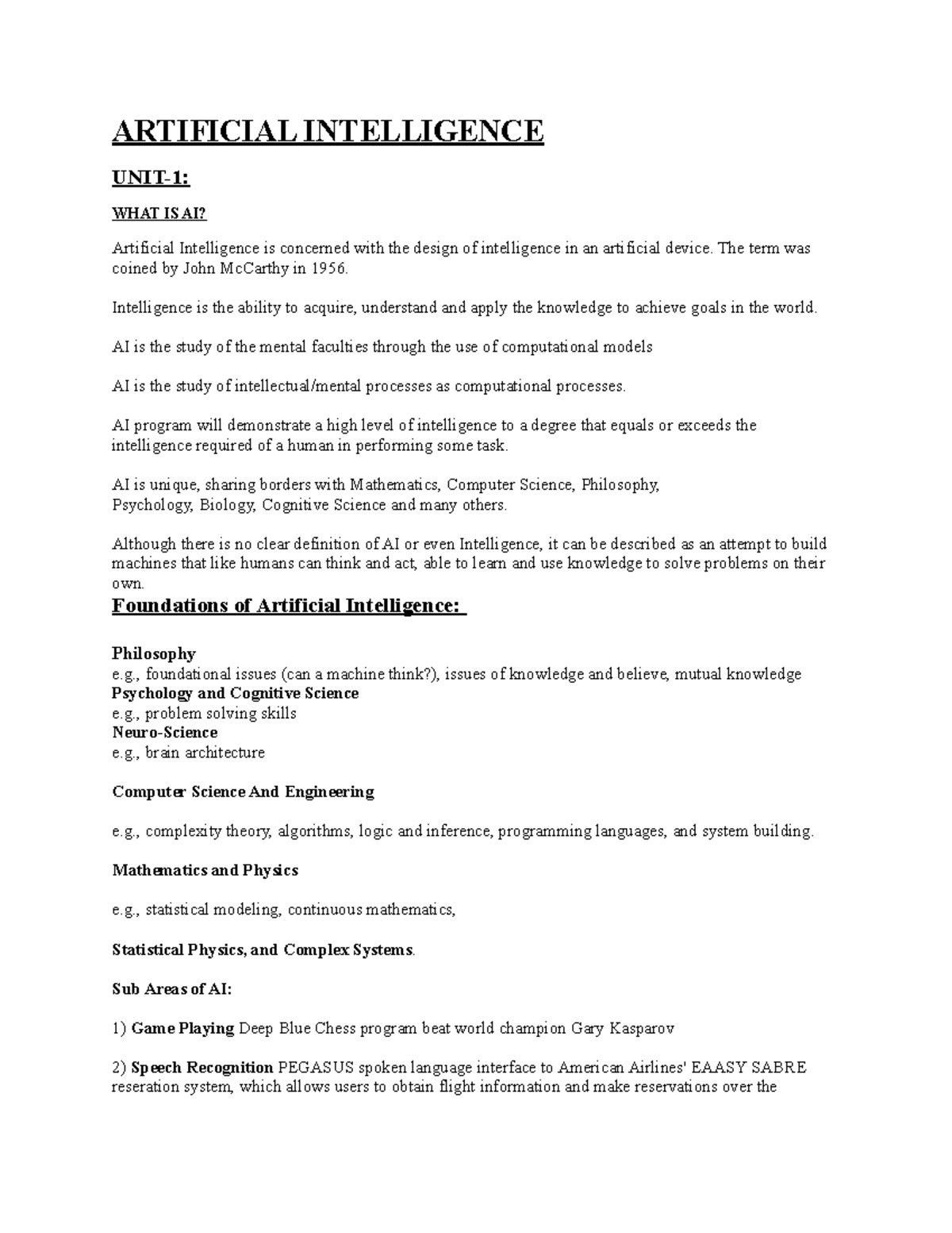 AI Notes - tyyui - ARTIFICIAL INTELLIGENCE UNIT-1: WHAT IS AI ...