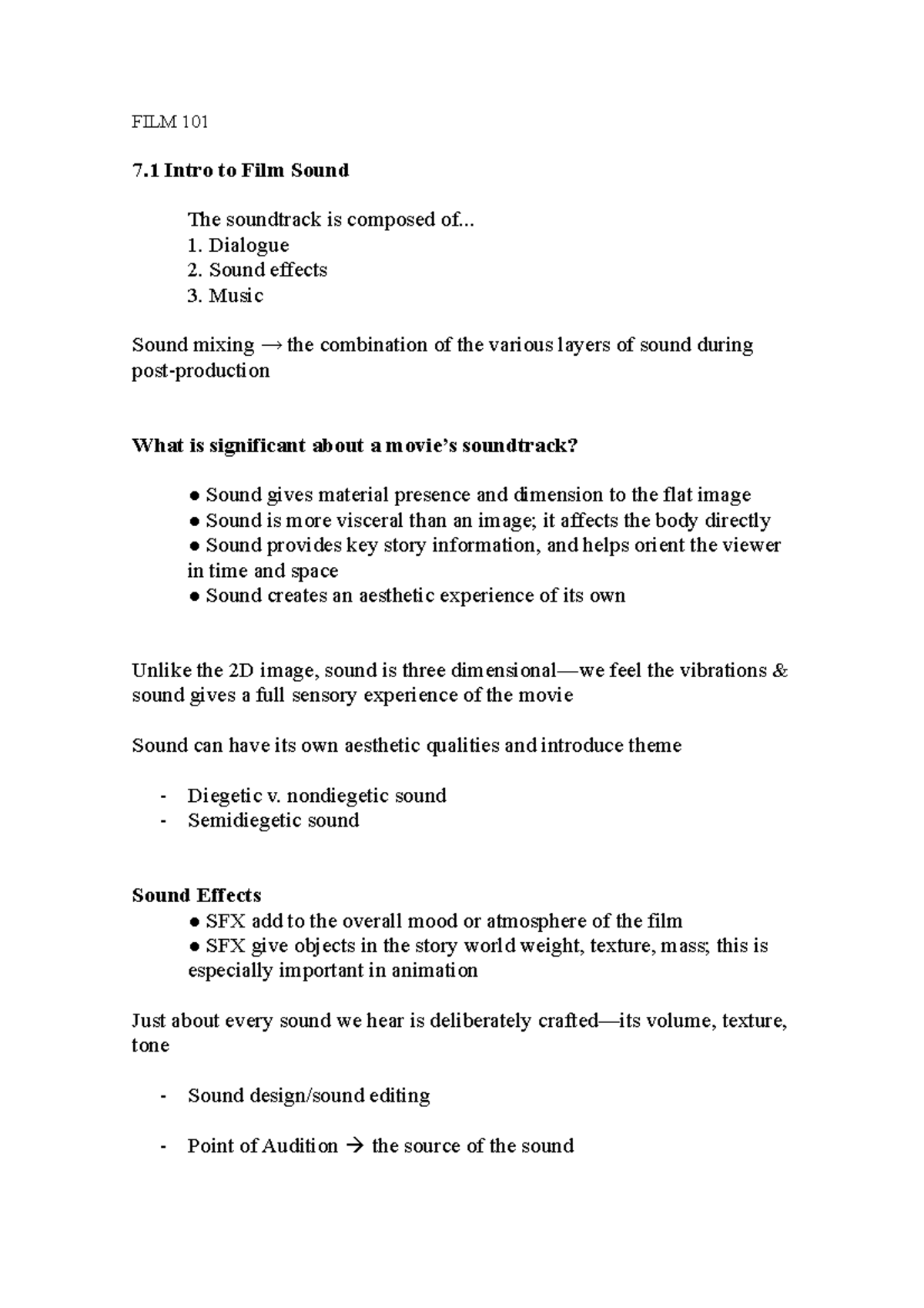 7.1 Intro to Film Sound - FILM 101 7 Intro to Film Sound The soundtrack ...