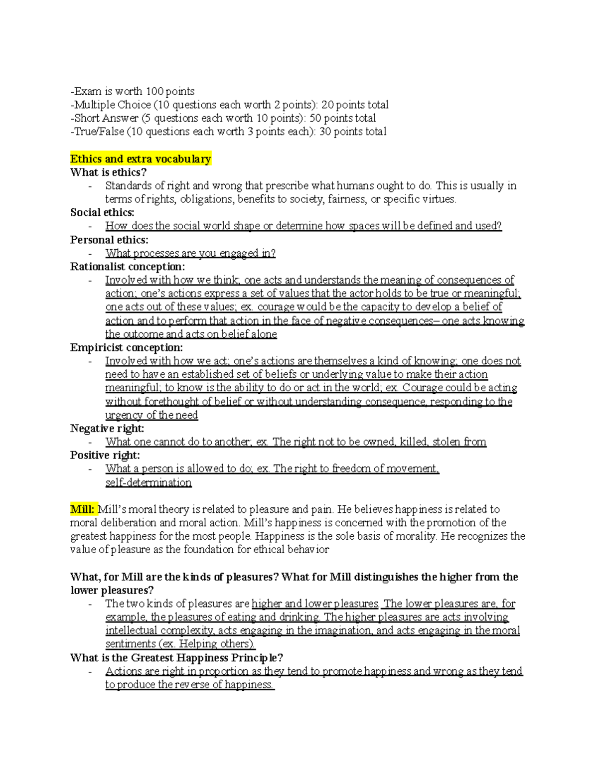 Ethic Exam Study Guide -Exam is worth 100 points -Multiple Choice (10 ...