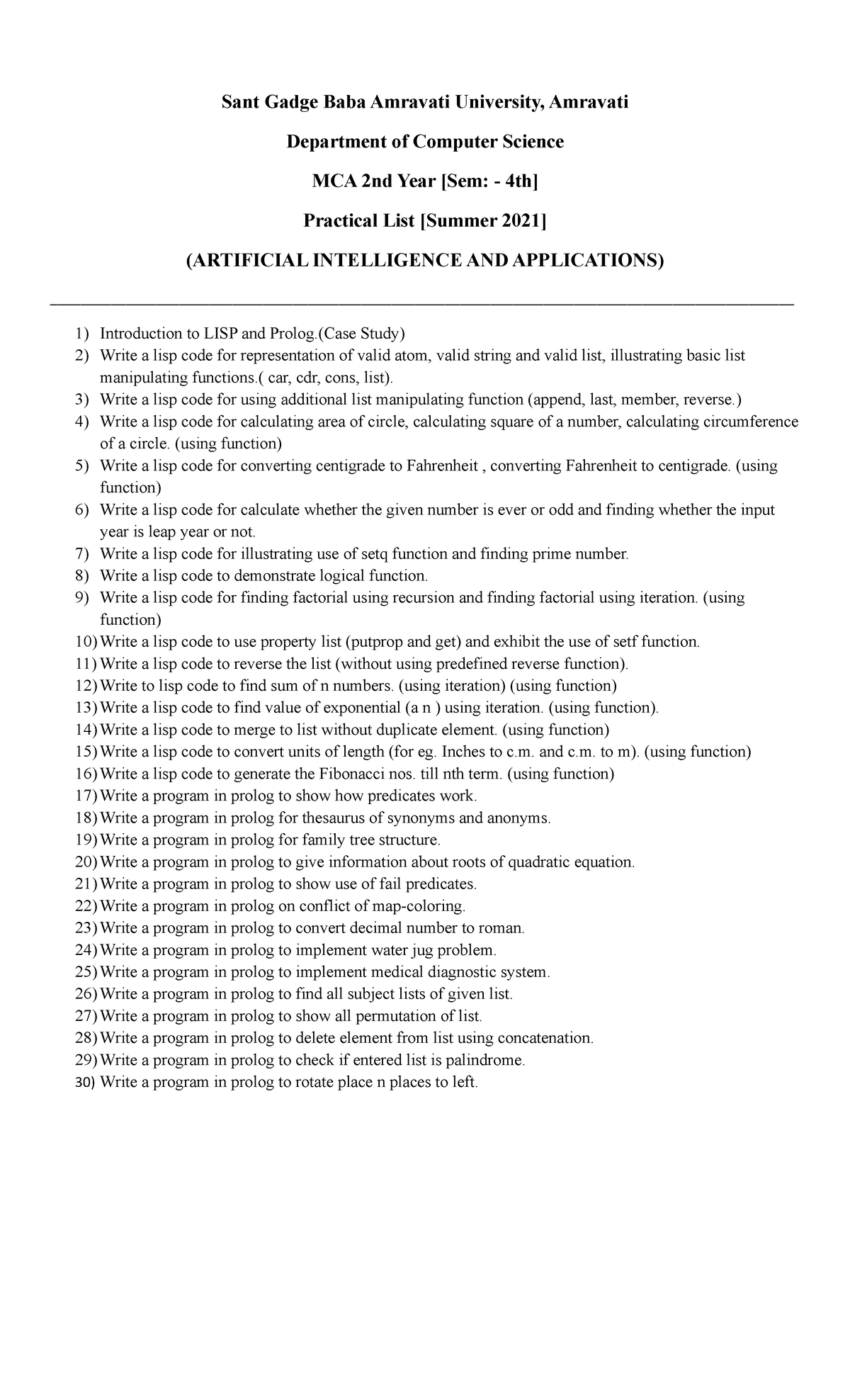 MCA II AIA - Sant Gadge Baba Amravati University, Amravati Department ...