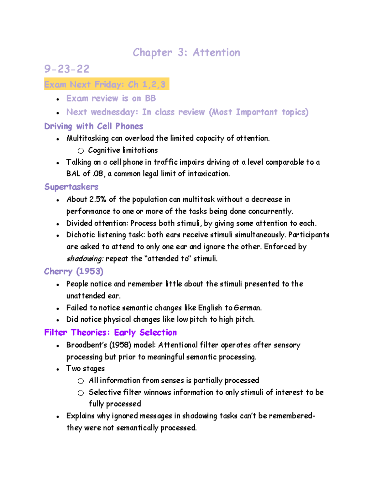 Cognitive psych: Chapter 3 - Chapter 3: Attention 9-23- Exam Next ...