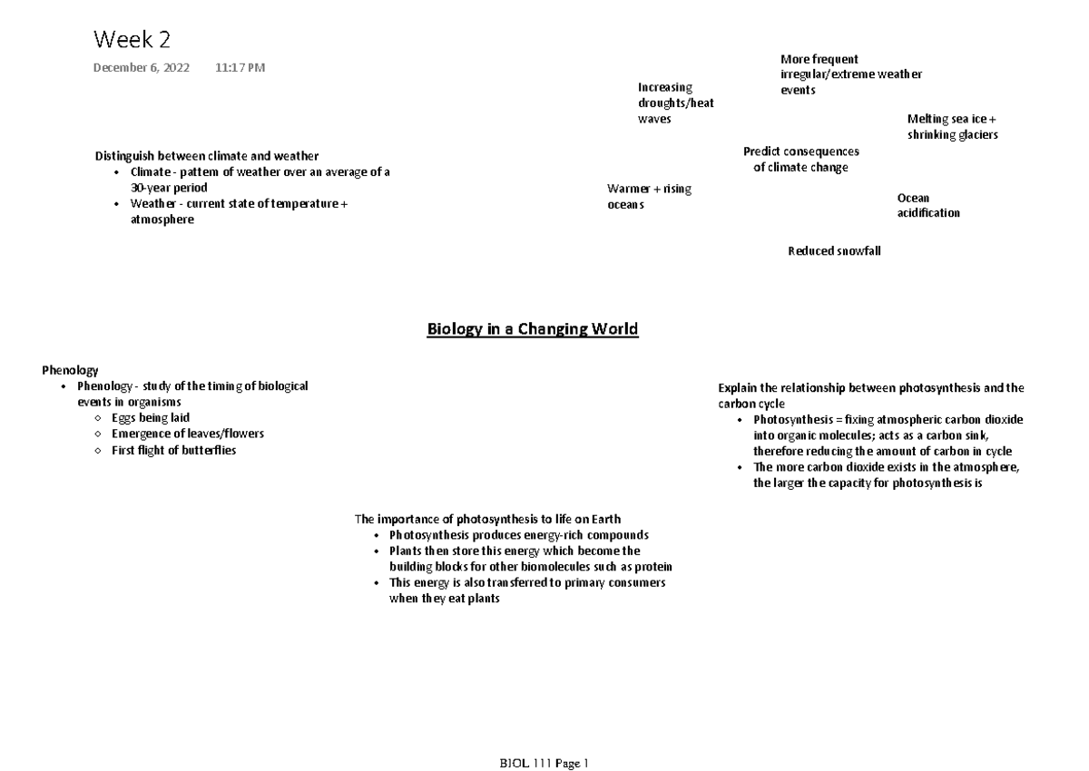 Week 2 - BIOL 111 Content - Biology in a Changing World Distinguish ...