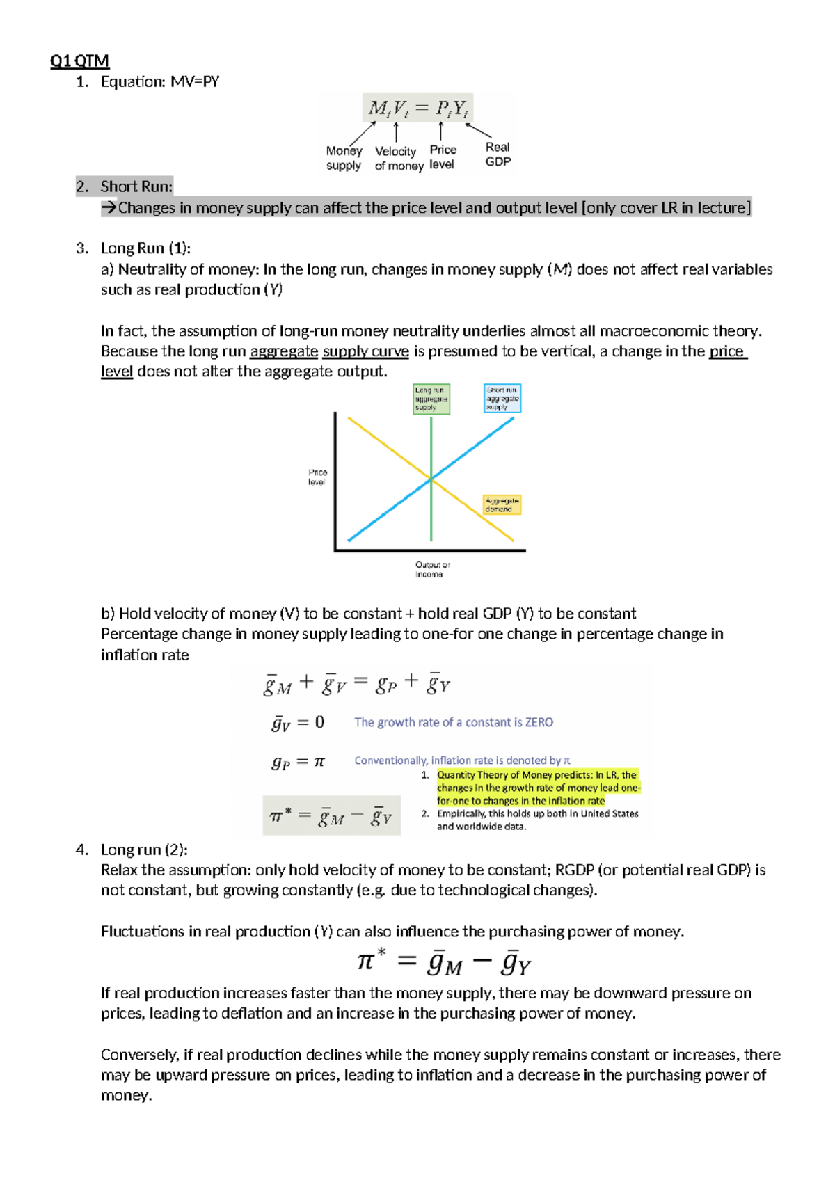psyc1004 classnotes - Q1 QTM Equation: MV=PY Short Run: Changes in ...