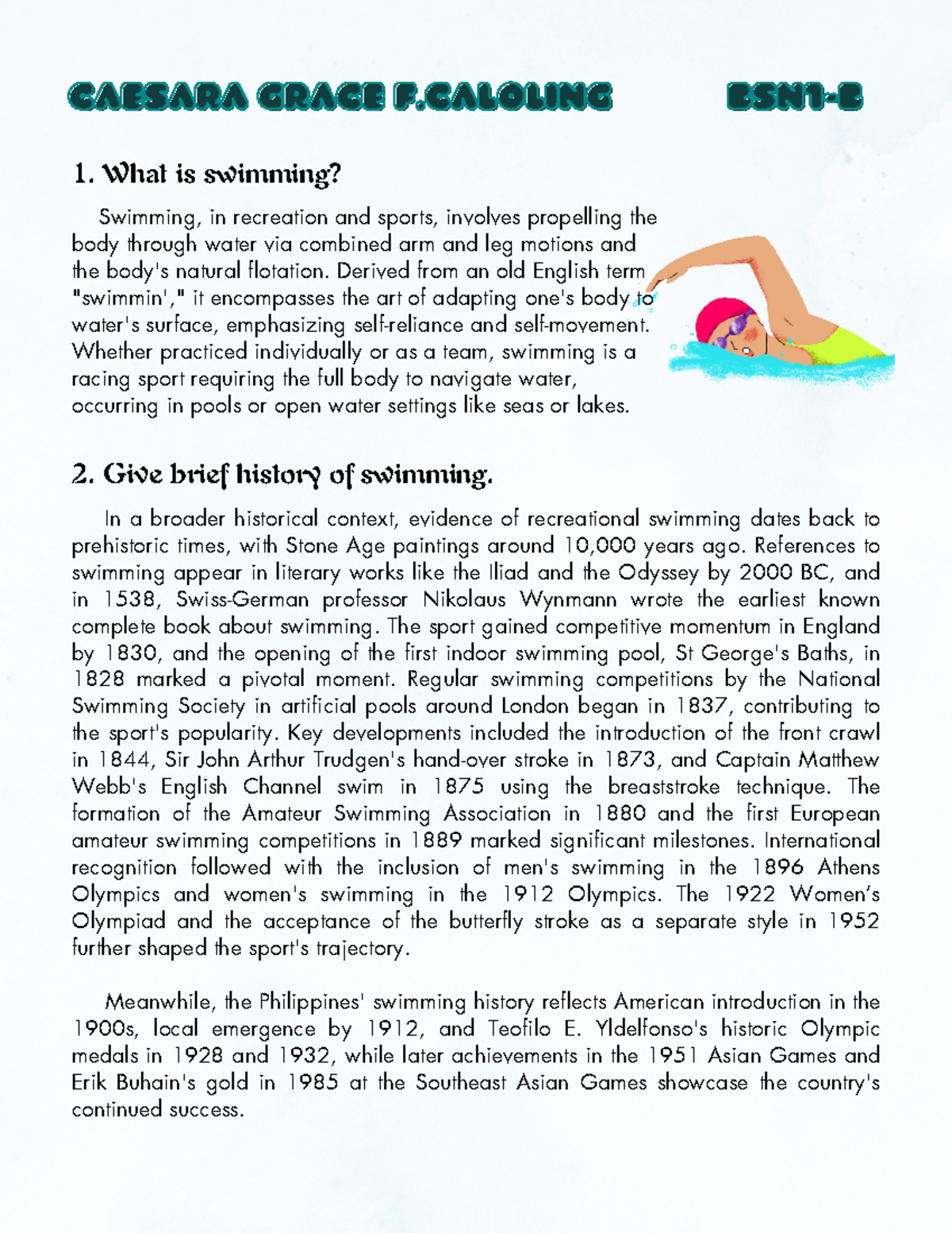 Caloling, Caesara Grace - Swimming - Swimming, in recreation and sports ...